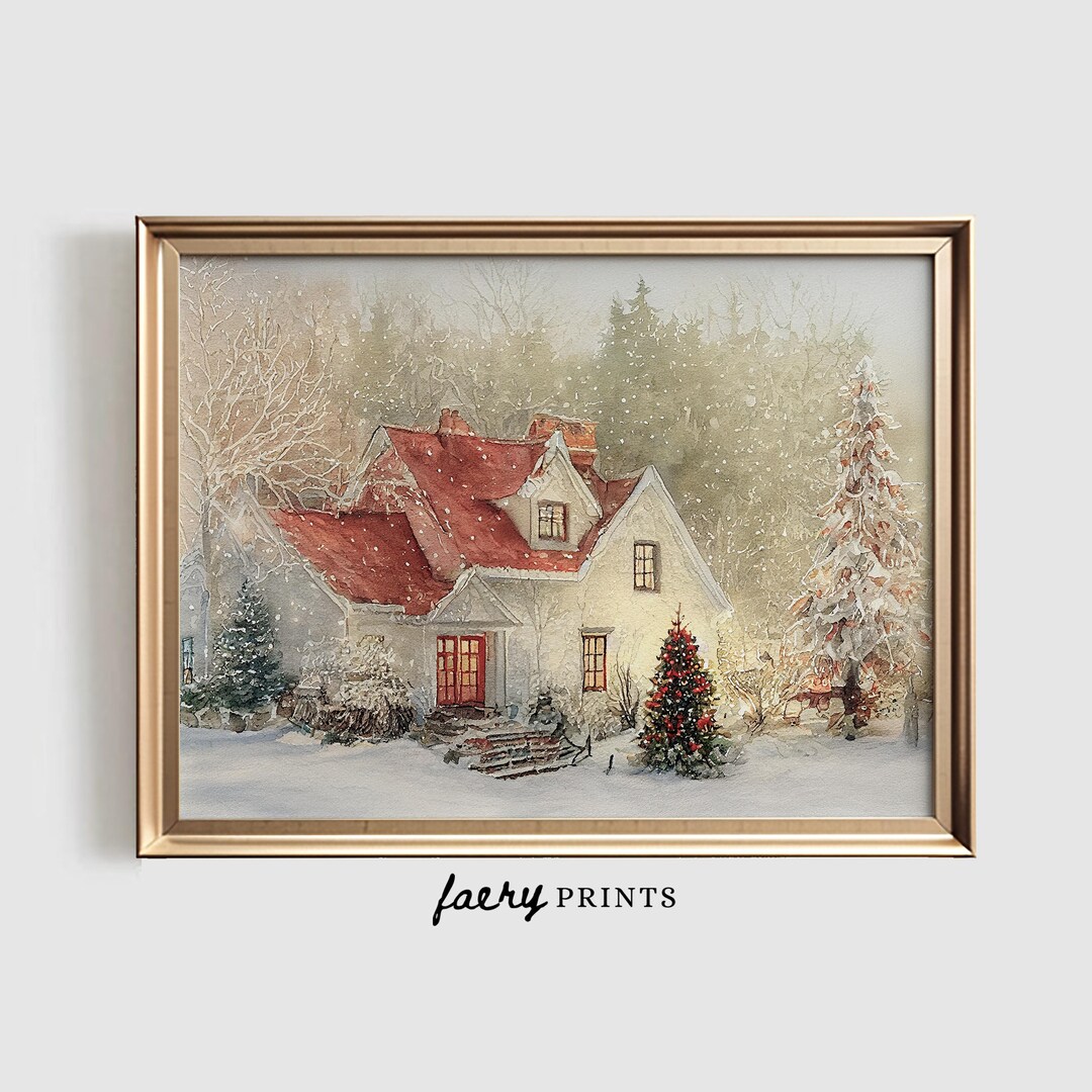 Watercolor Winter House Print | Snowy Holiday Home Decor (digital Print ...