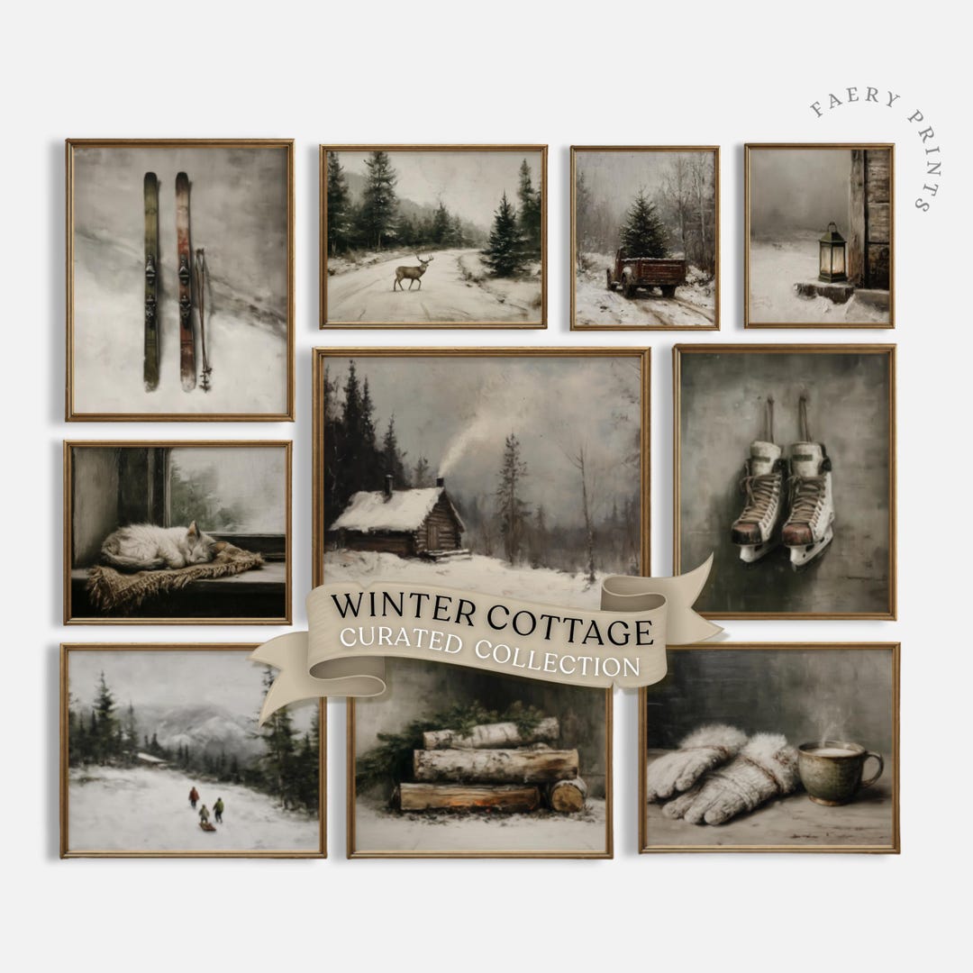 Winter Cottage Prints Set | Rustic Cabin, Snowy Landscape (digital ...