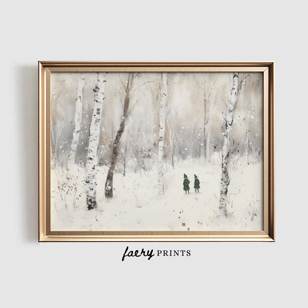 Snowy Birch Forest Print | Christmas Elves in a Winter Landscape ...