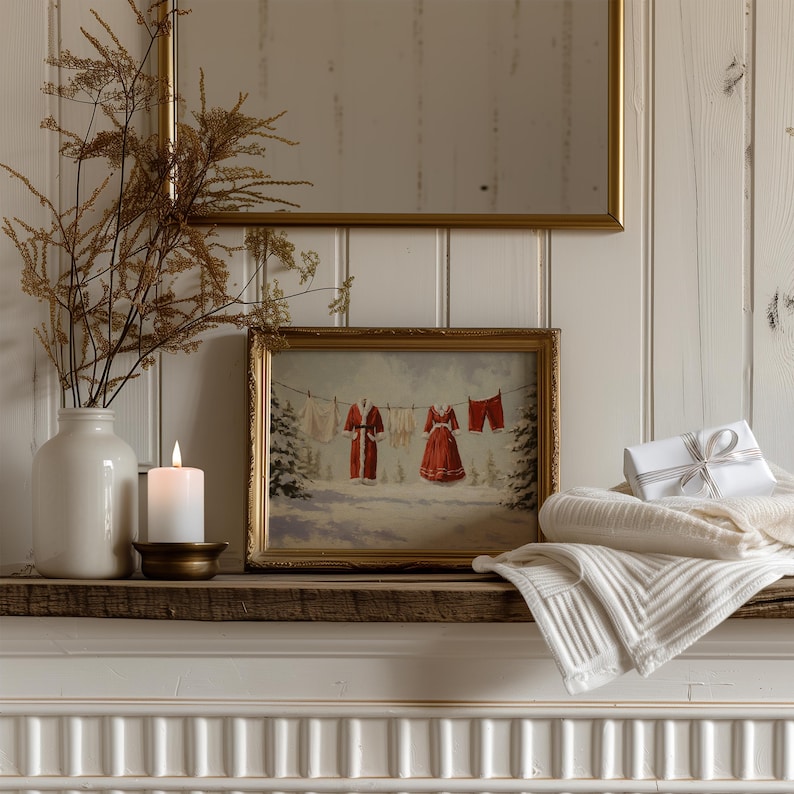 Santa Clothesline Christmas Print: Rustic Winter Scene (digital ...