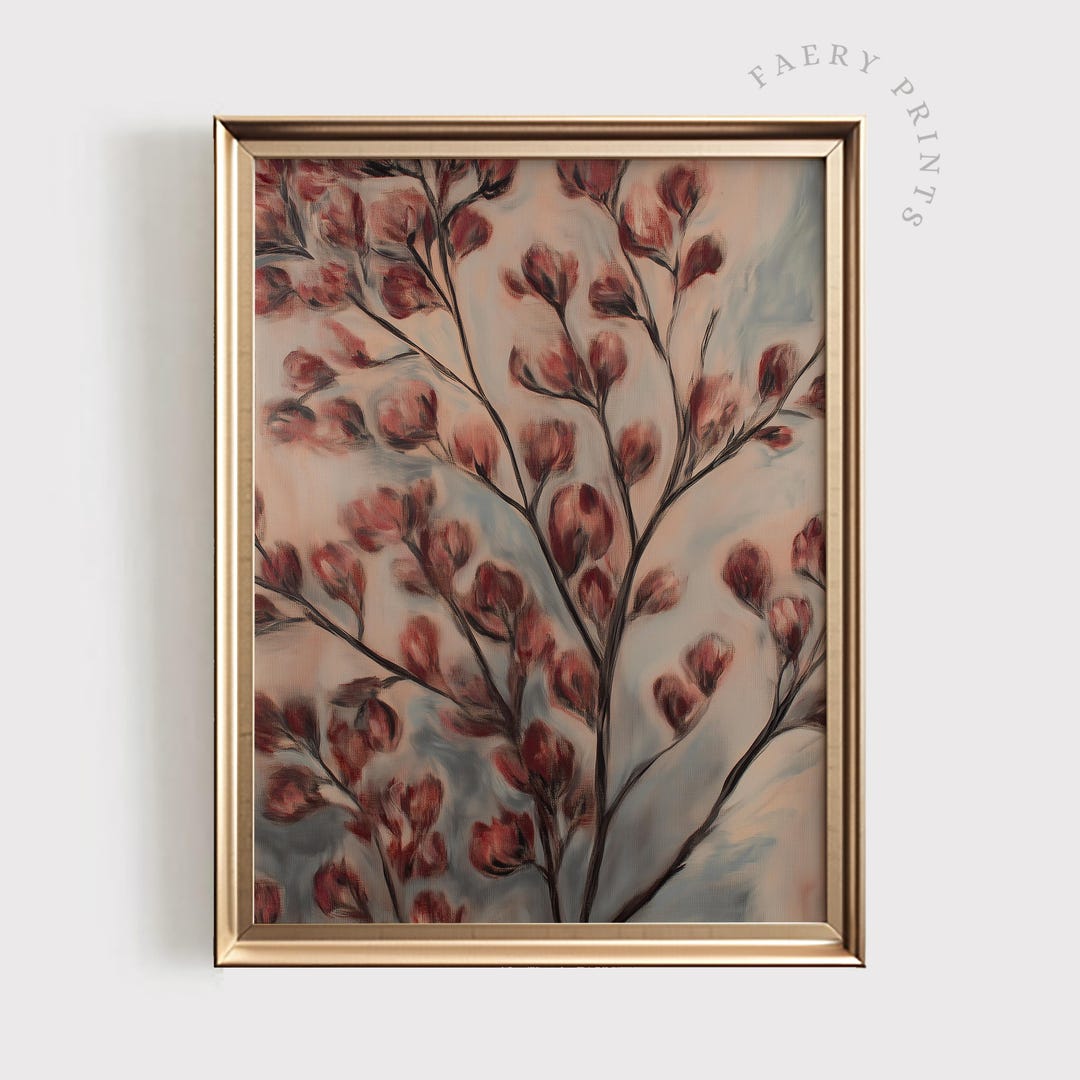 Vintage Wildflower Print Maroon Flowers PRINTABLE Wall Art Burgundy ...