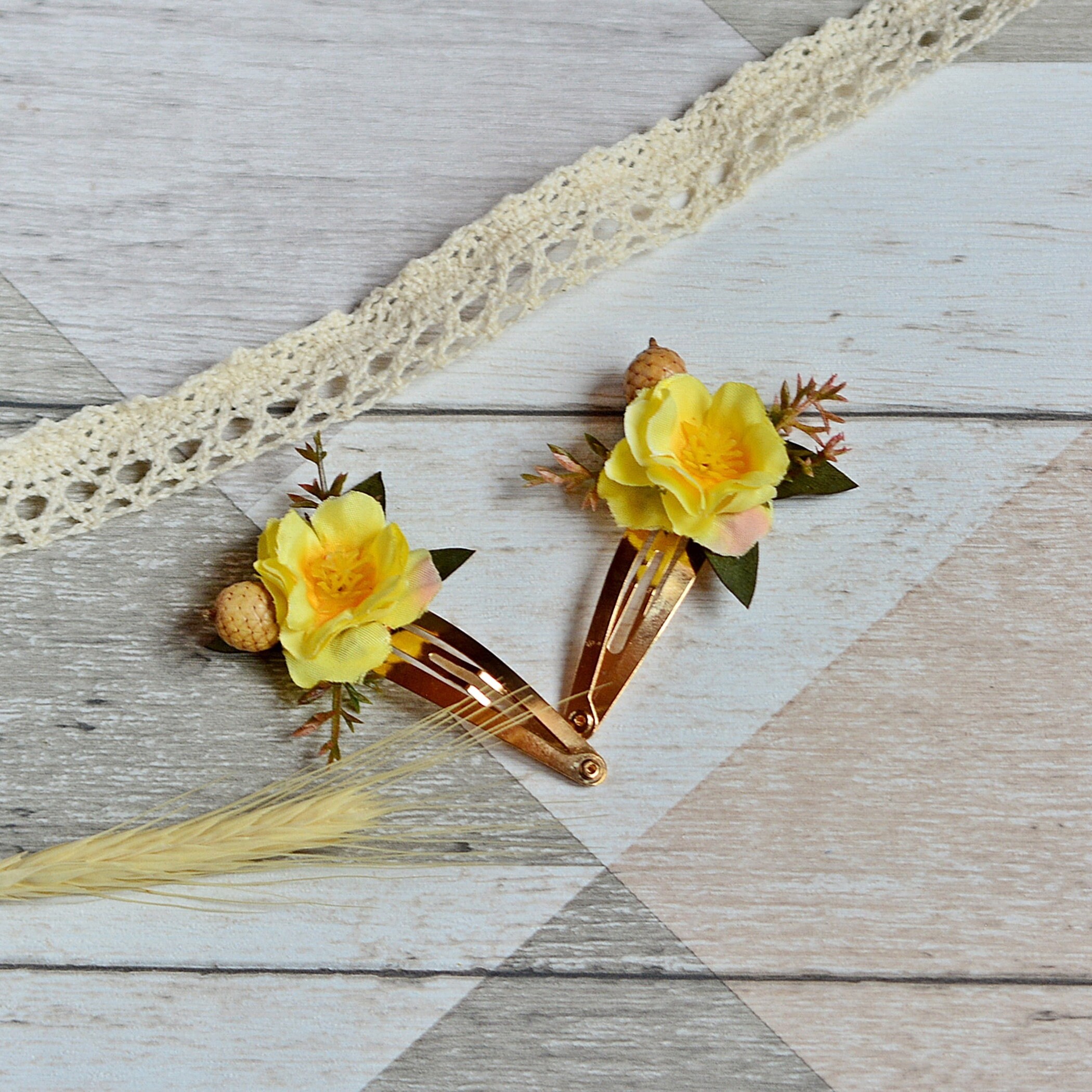 Flower hair pins yellow floral hairpiece set of hair pins | Etsy
