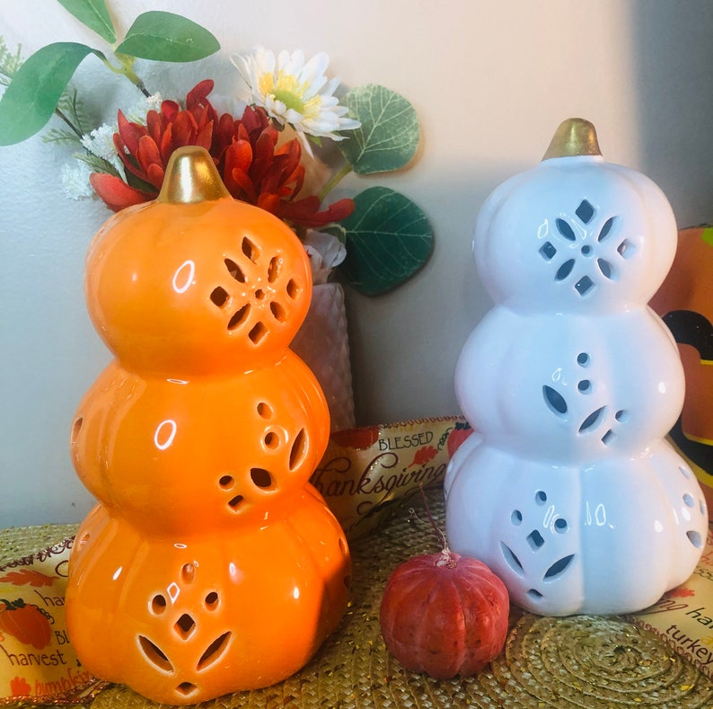 LED CERAMIC Stacked White or Orange Pumpkin Stacked Ceramic - Etsy