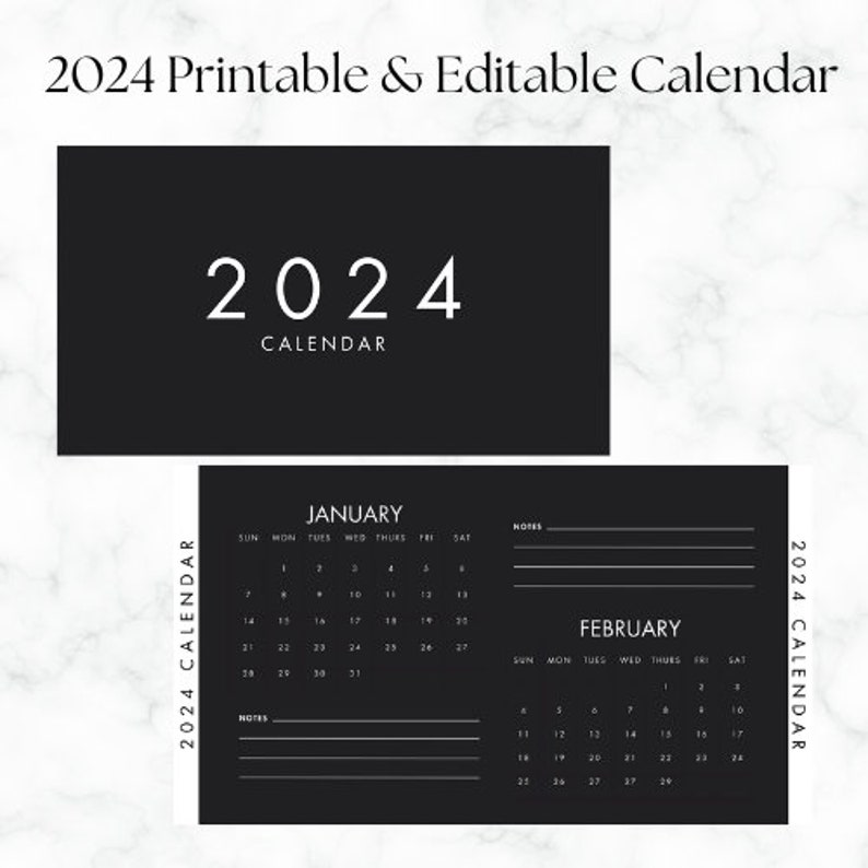 2024 Calendar Black and White Modern Printable and Editable - Etsy