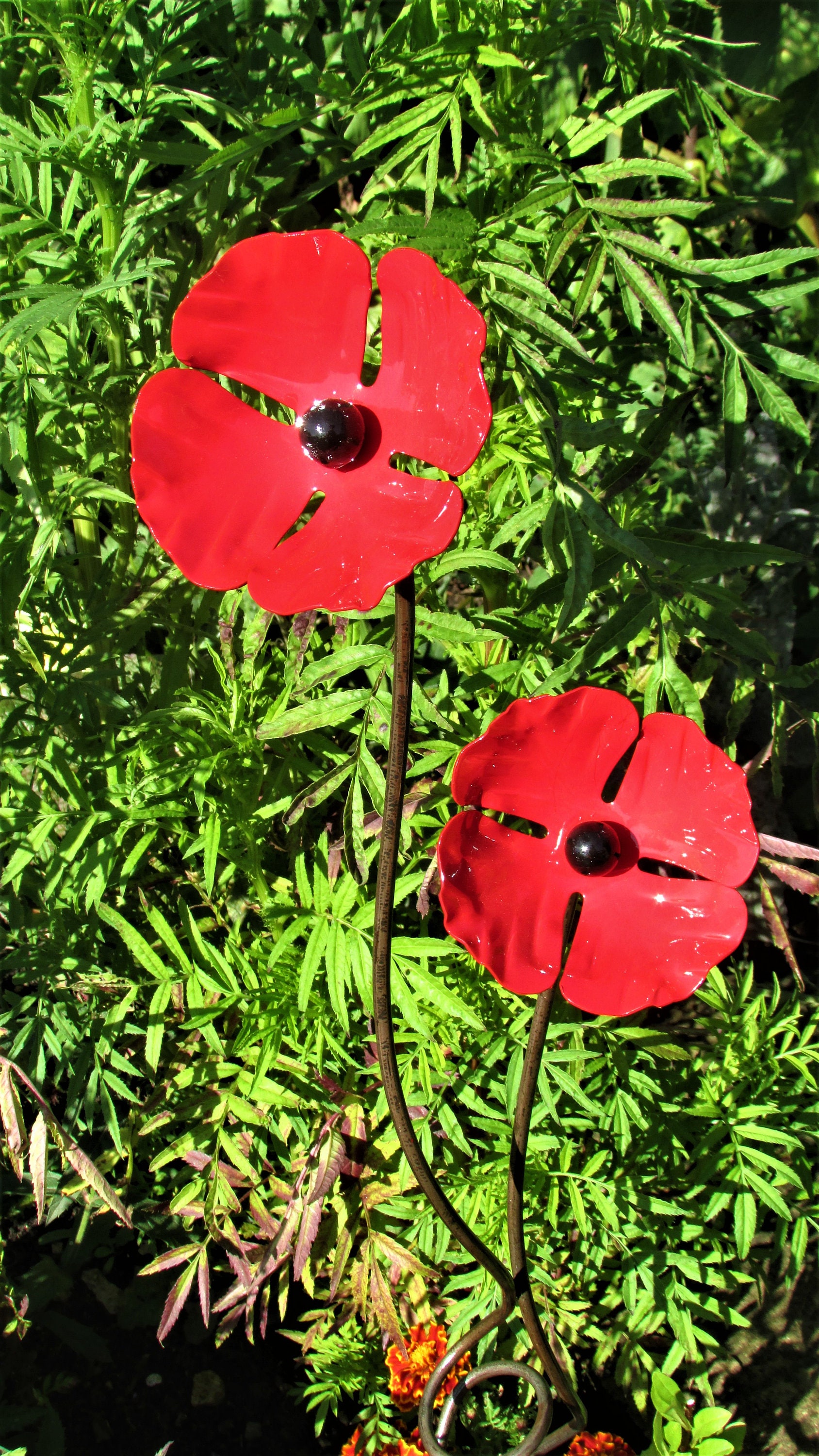 Pair red enamel poppies flower on twisted rustic iron garden | Etsy
