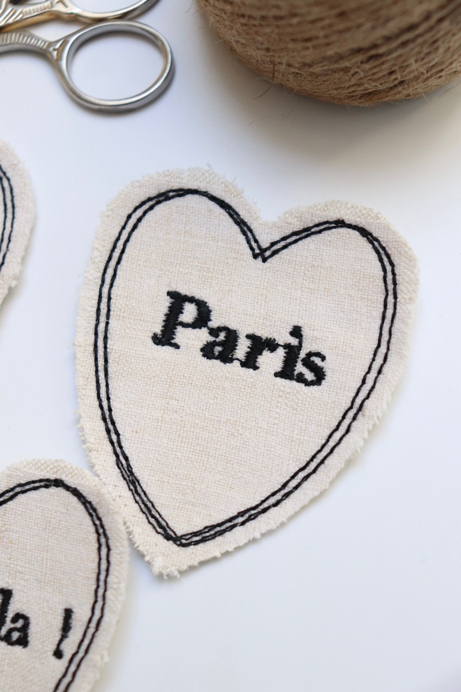 3 Handmade French Embroidered Linen Paris heart appliques | Etsy