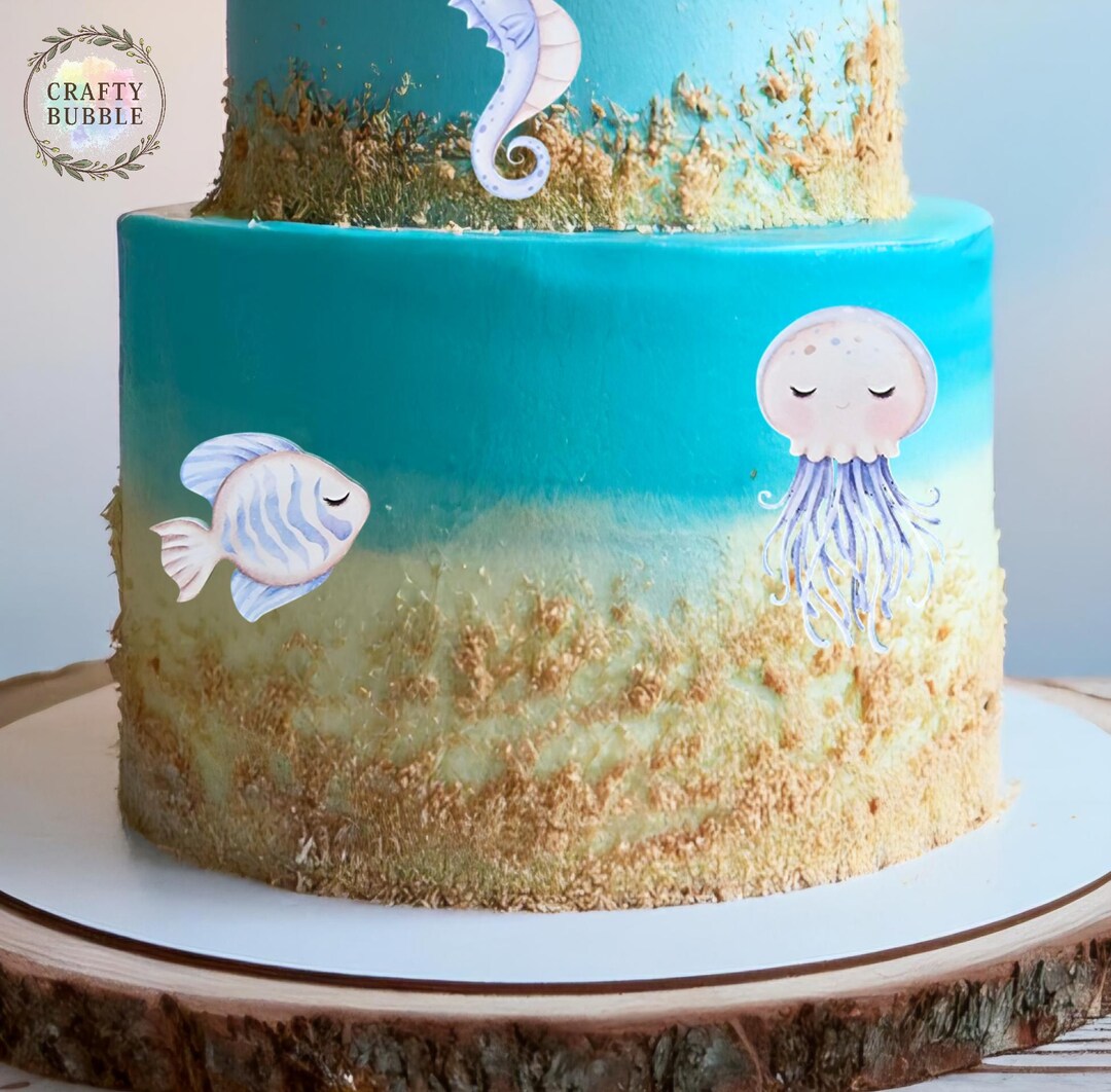 Pastel Blue/beige Sea Creatures Cake Acrylic Charm or Toppers. Birthday ...