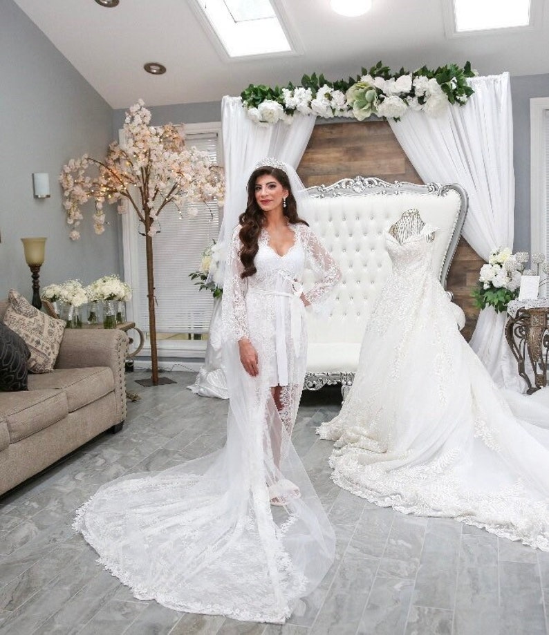 Lace Wedding Robe-bridal Robe-long Lace Robe With Train-bride - Etsy