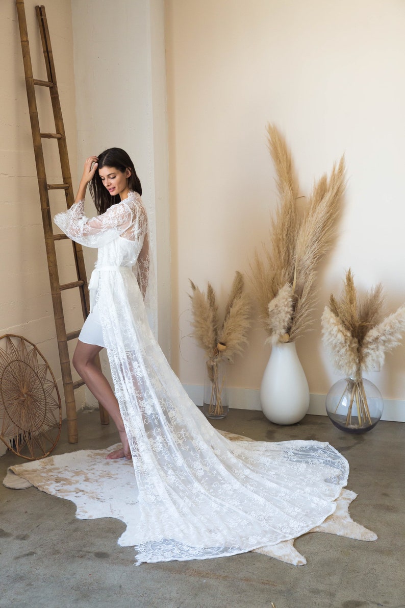 Lace Wedding Robe-bridal Robe-long Lace Robe With Train-bride - Etsy