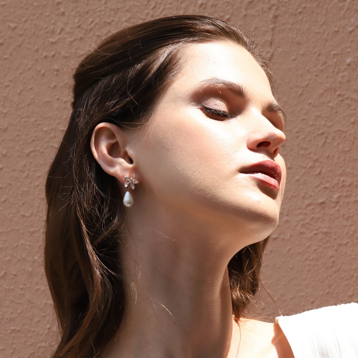 Almond Blossom Flower Earrings With Drop Pearl, 925 Sterling Silver ...