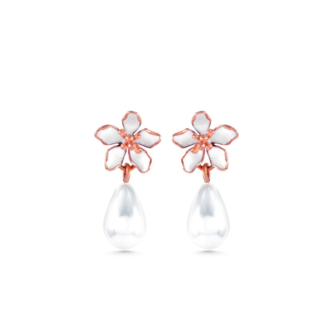 Almond Blossom Flower Earrings With Drop Pearl, 925 Sterling Silver ...