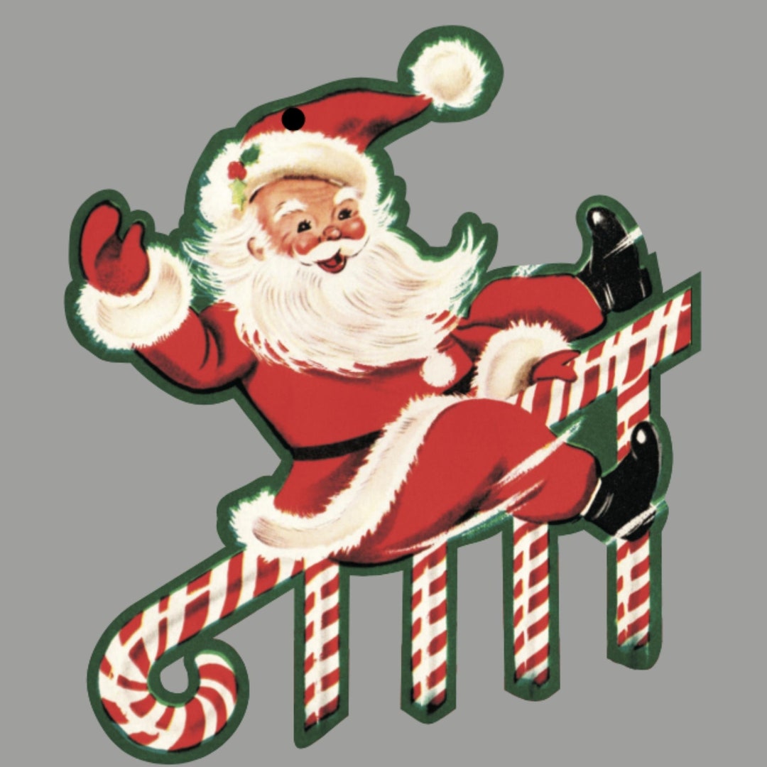 Santa Sliding on Candy Cane Wood Ornament - Vintage Christmas ...