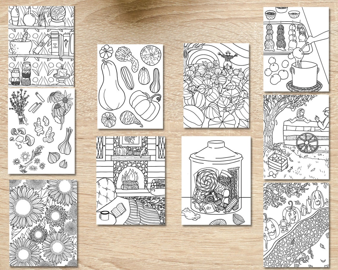 Halloween Coloring Pages Bundle, Printable Fall Coloring Book, Autumn ...