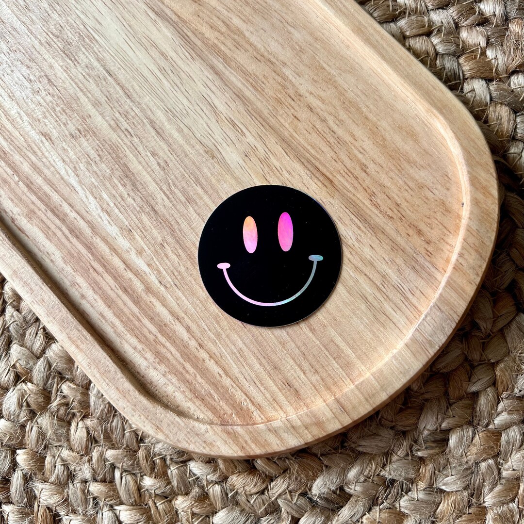 Holographic and Black Smile Face Sticker, Be Happy Sticker, Trendy ...