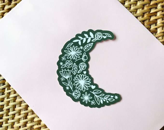 Flower Moon Green Sticker, Moon Sticker, Waterproof Sticker, Floral ...