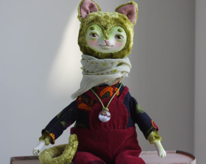 Green Cat Art Doll, Ooak Olive Plush Cat Doll, Funny Cute Animal Doll ...
