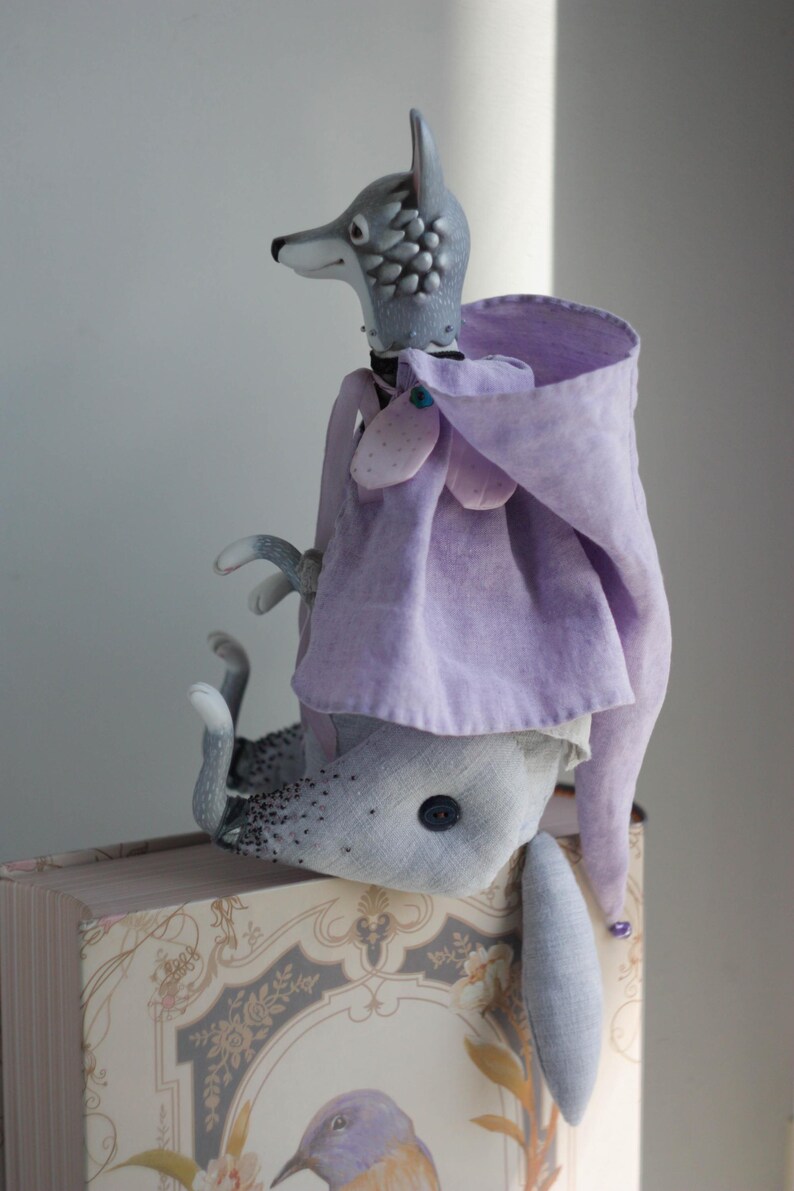 Gray Wolf Art Doll, Fantasy Wolf Doll in Lilac Cape, Cute Animal ...