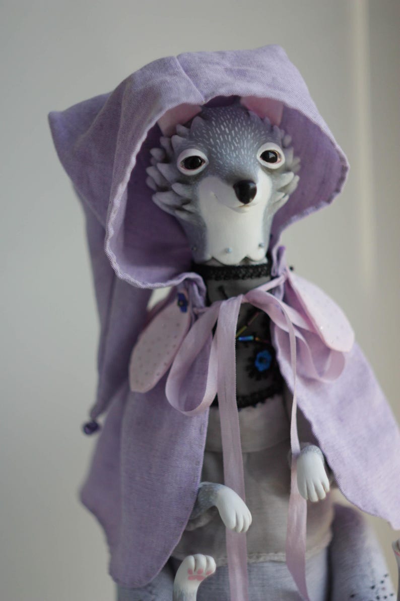 Gray Wolf Art Doll, Fantasy Wolf Doll in Lilac Cape, Cute Animal ...
