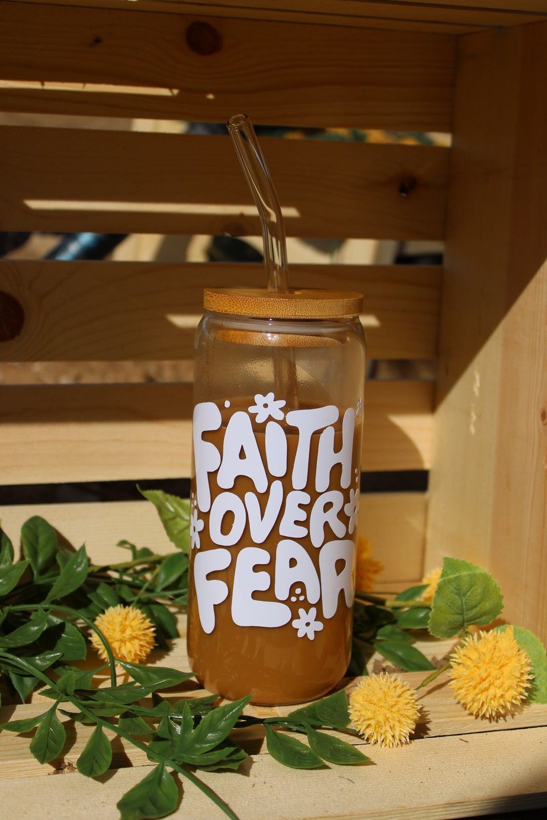 Faith Over Fear Glass Cup Iced Coffee Christian Glass Retro Flower Beer ...