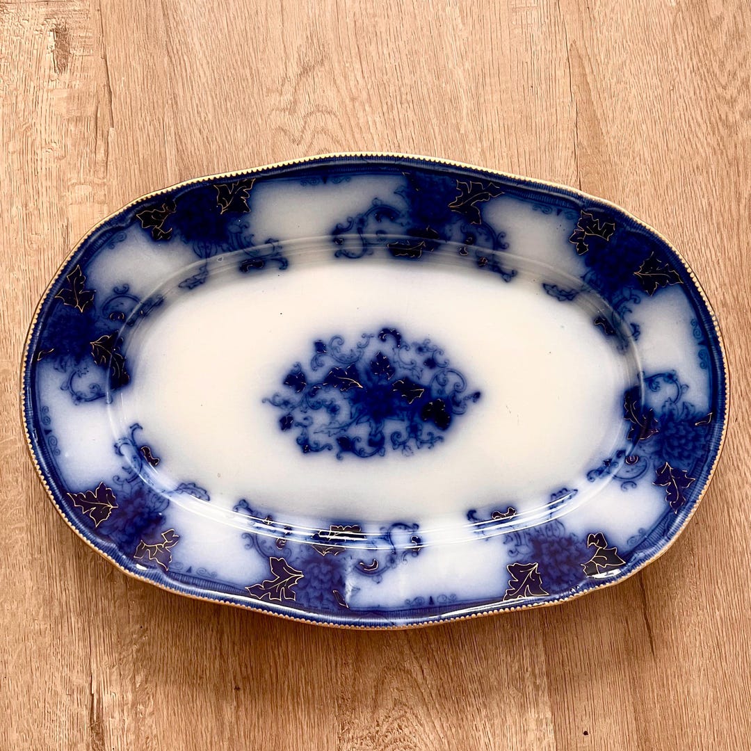 Large Antique Royal Blue Porcelain, Flow Blue Gold Trim Platter Plate ...