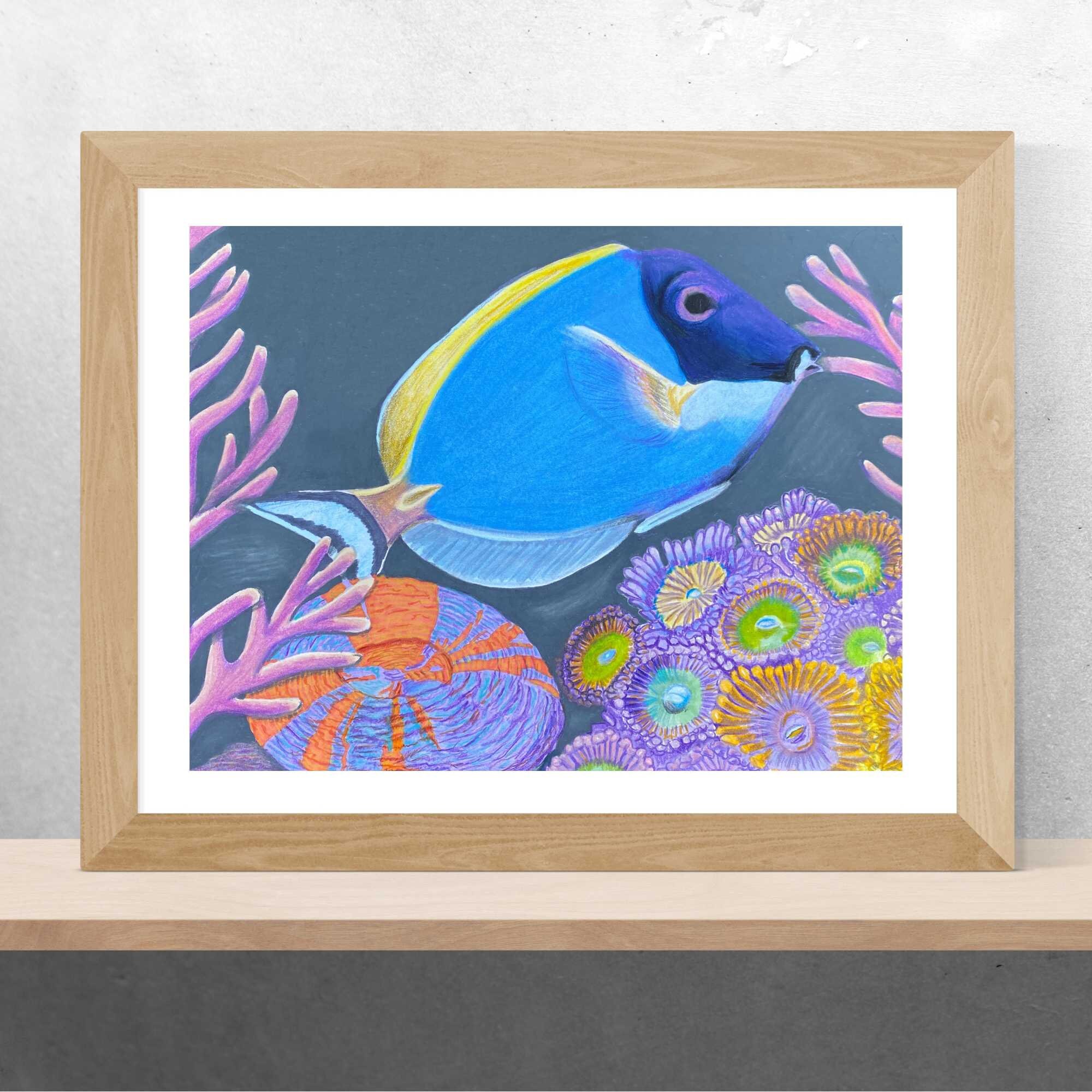 Reef Tank Wall Art Powder Blue Tang Art, Saltwater Fish Drawing, Sea ...