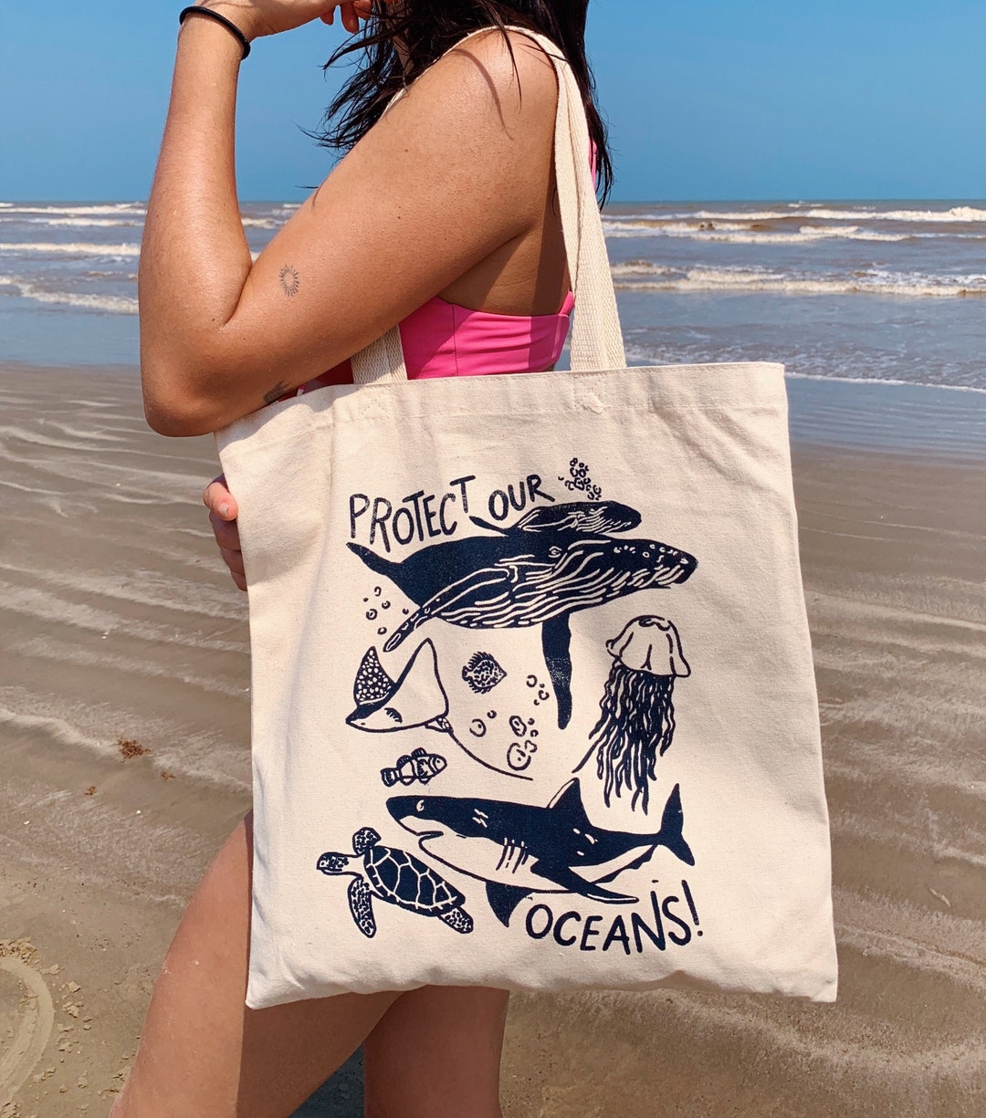 Protect Our Oceans Silkscreened Tote Bag, Canvas Beach Bag, Beach Tote ...