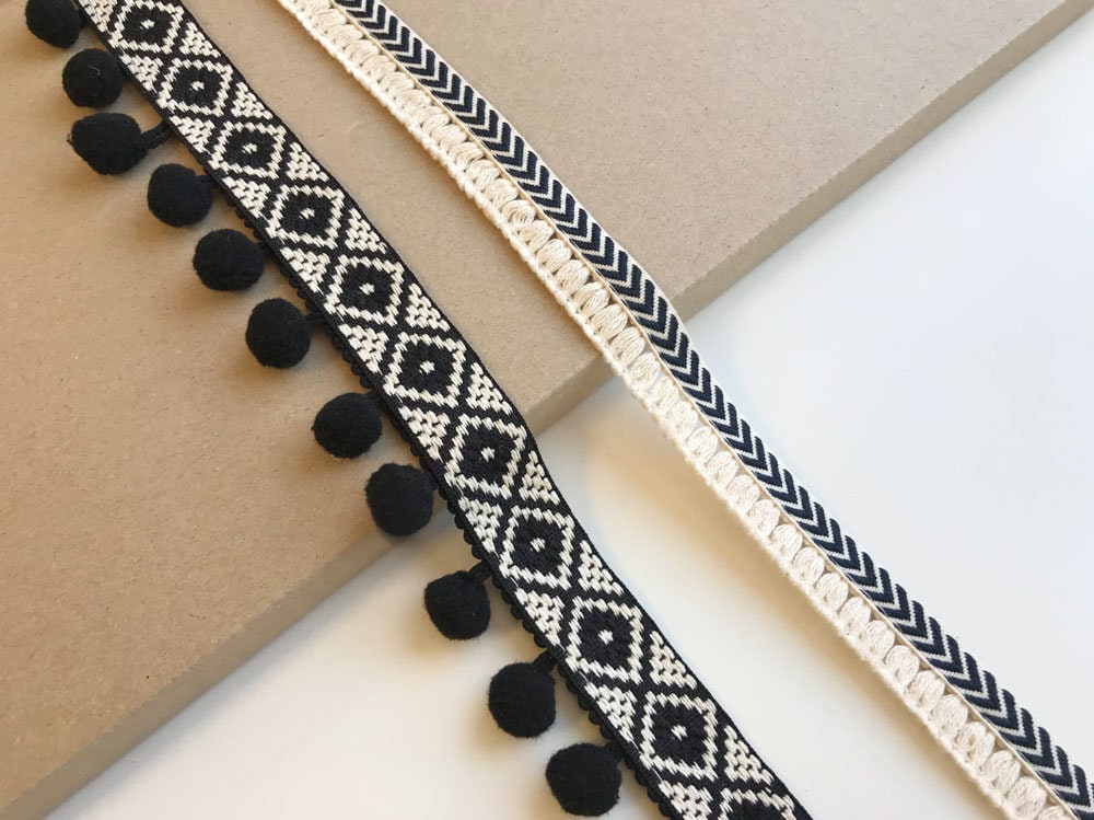 2 different multi color Fringe, POM POM with Jacquard tape trim