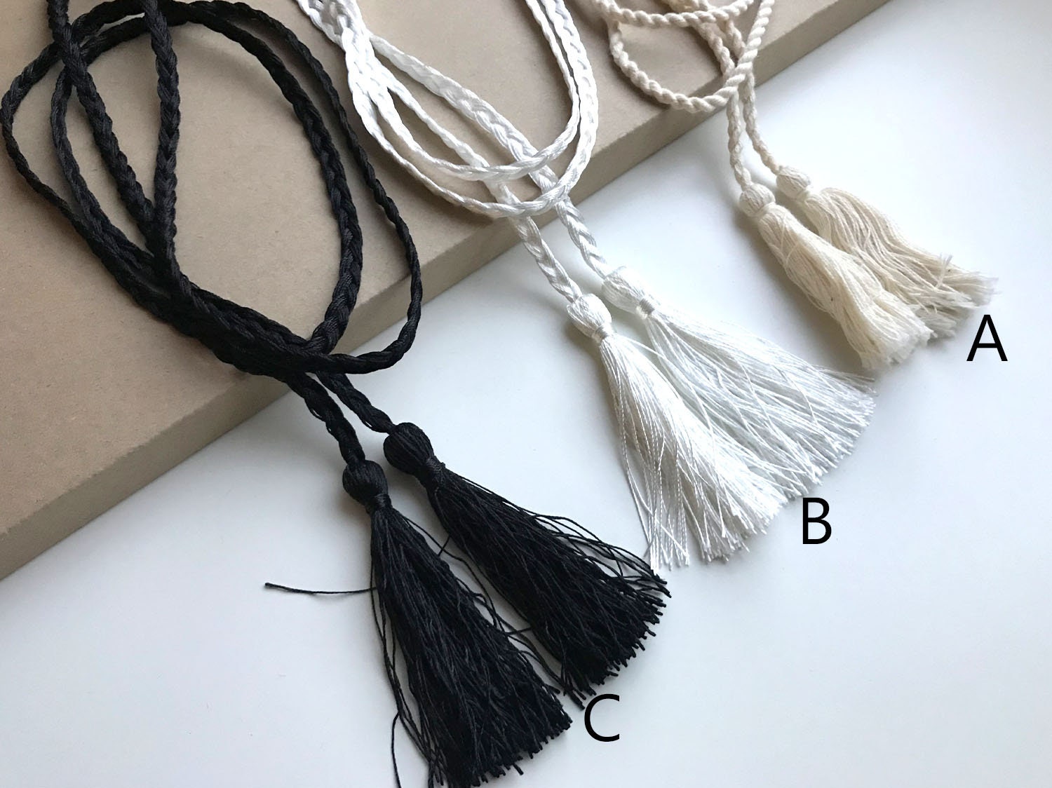 Natural, White, Black thicker & wider tassel cord string