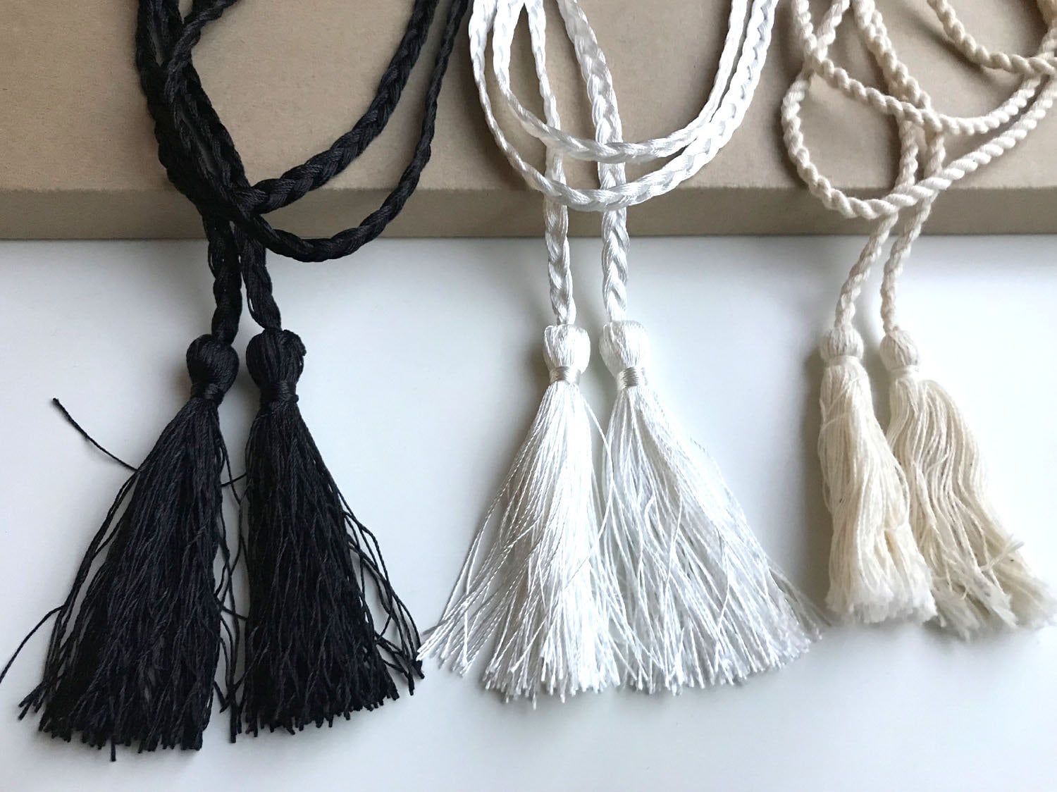Natural, White, Black thicker & wider tassel cord string