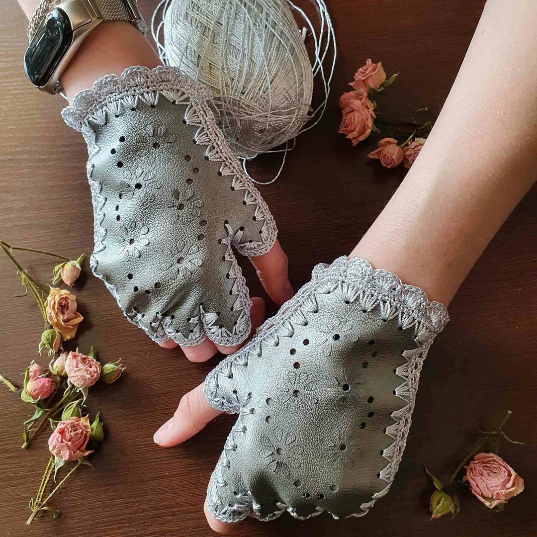 Leather Silver Fingerless Gloves Woman - Etsy