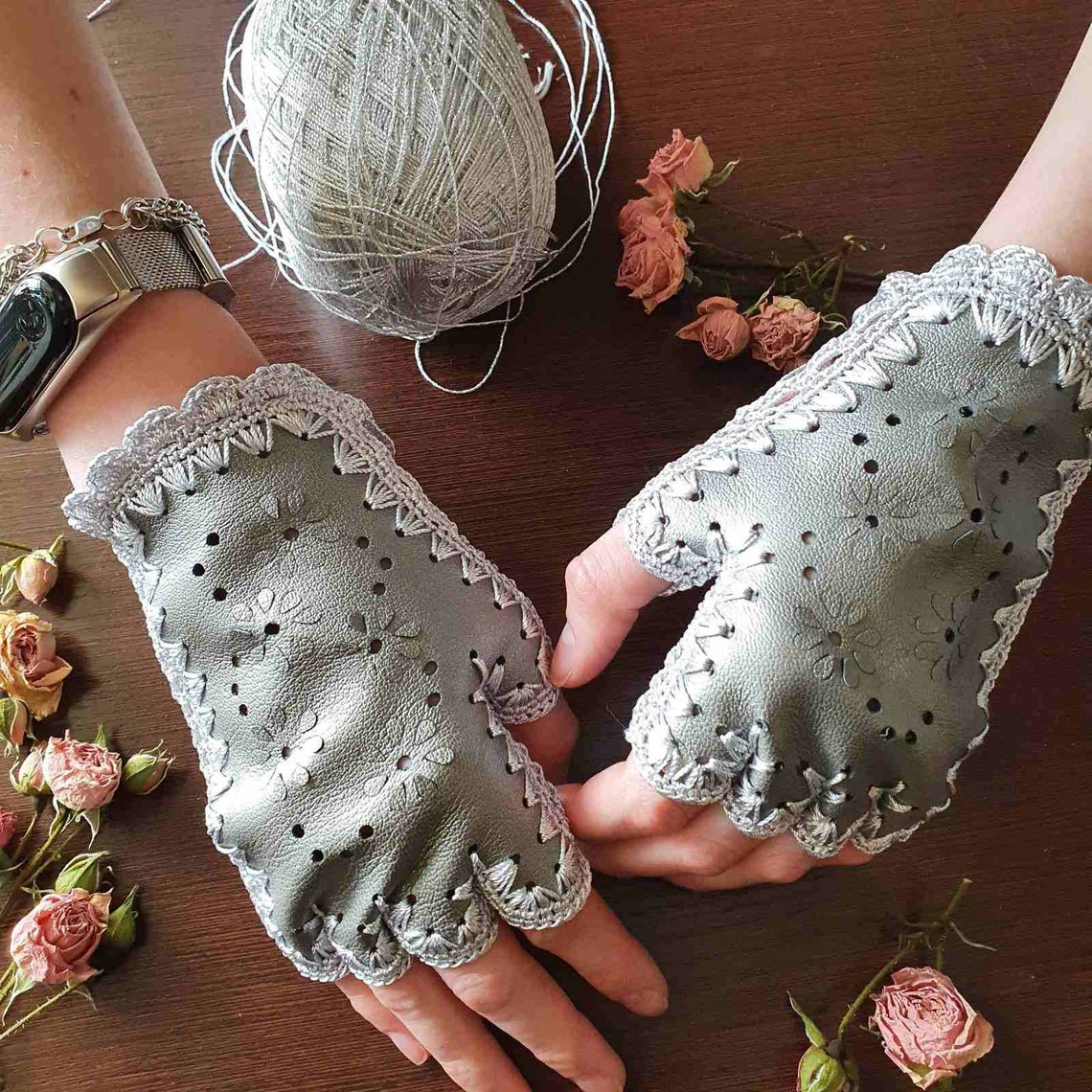 Leather Silver Fingerless Gloves Woman - Etsy