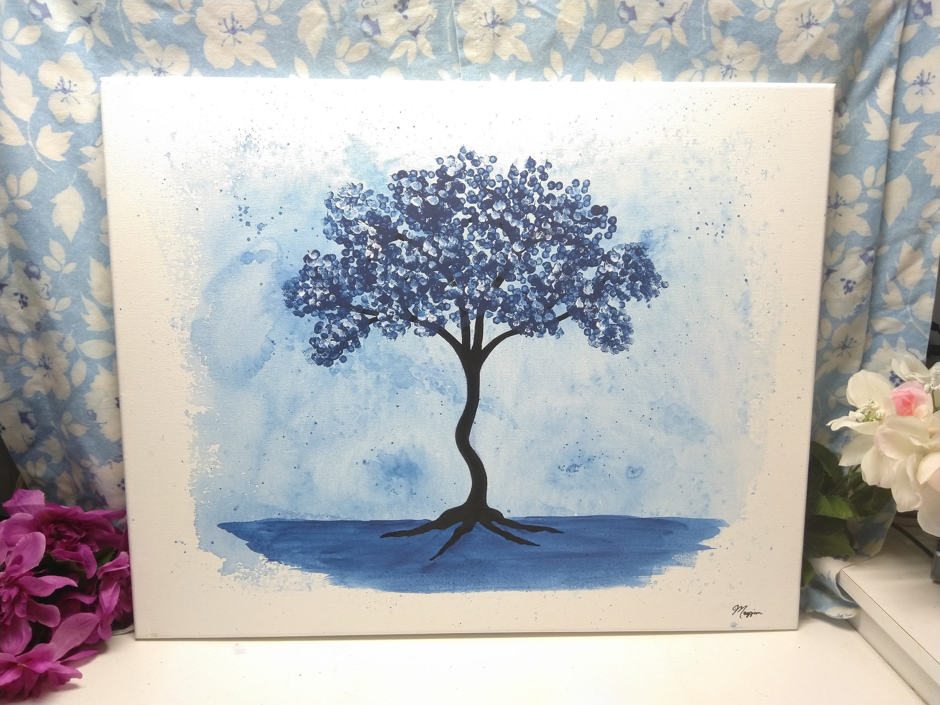 Blue Floral Tree, Original Tree Painting, 16x20, Large Tree Painting ...
