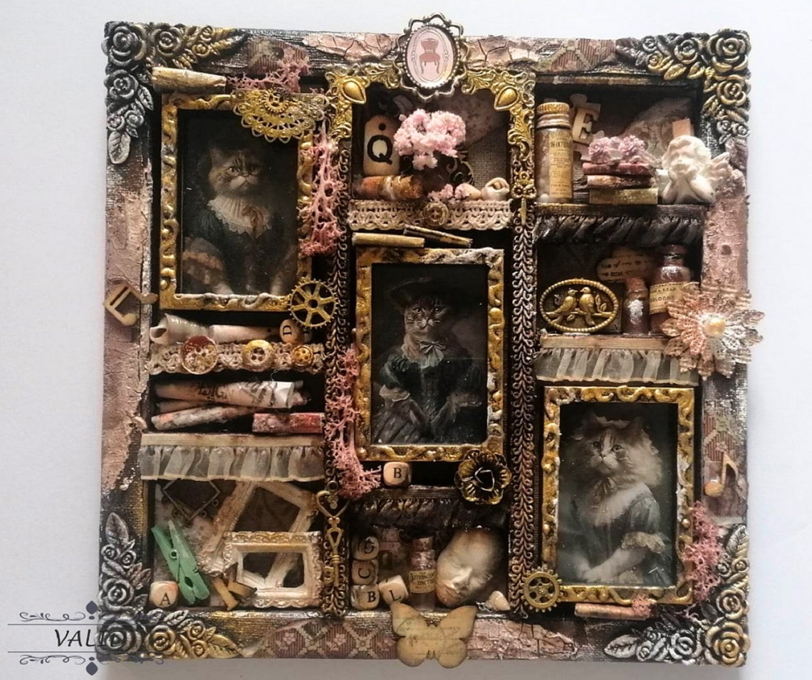 Victorian Cats Canvas Art: Whimsical Cabinet of Curiosities Assemblage ...