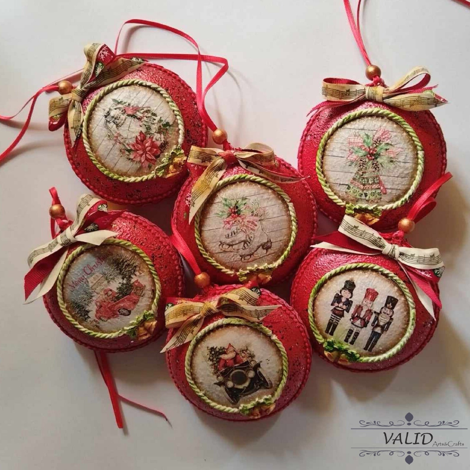 Handmade Red Christmas Tree Medallions: Decoupage Ornament Set of 6 - Etsy