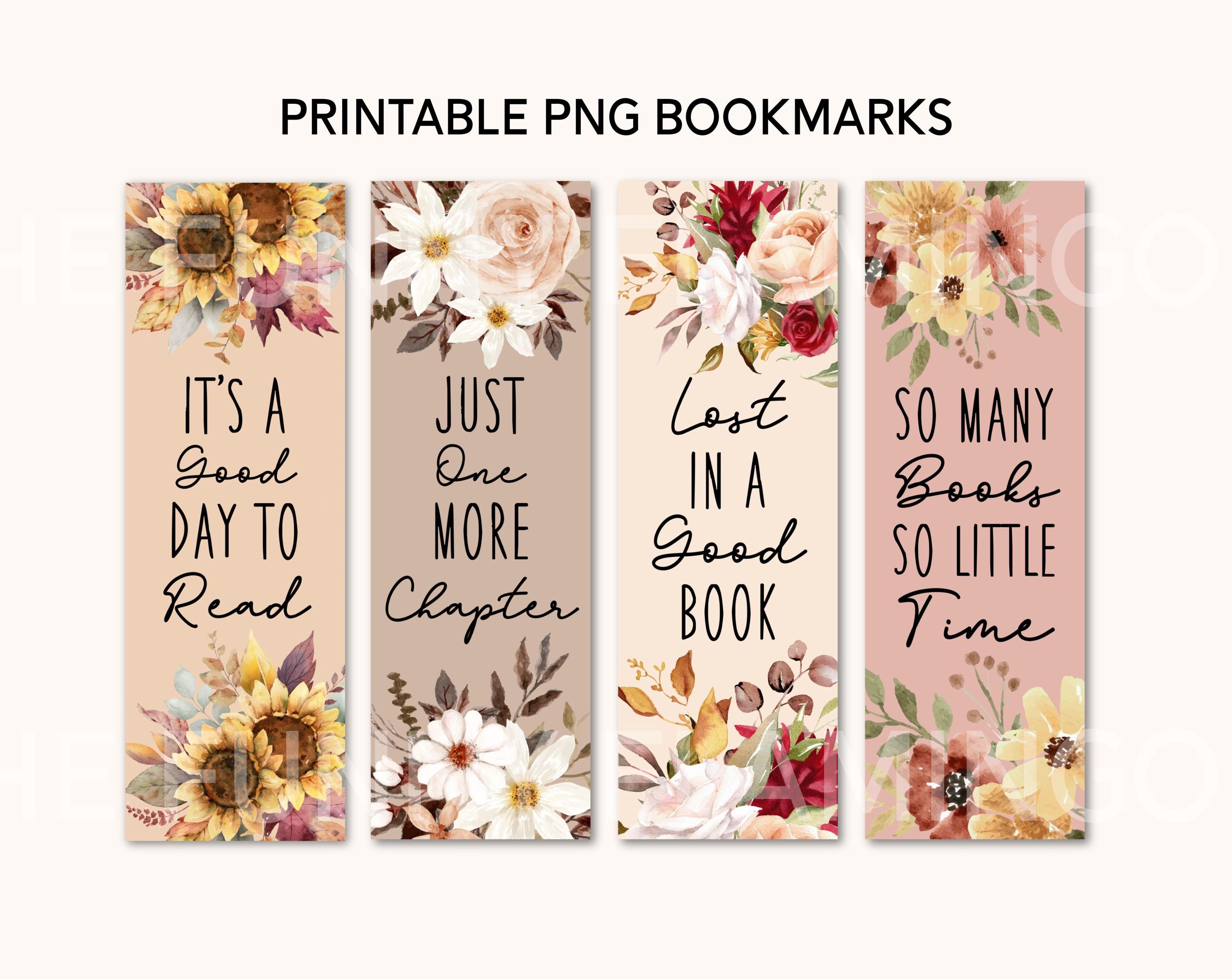 Four Printable Bookmarks Set, Floral PNG Bookmark, Diy Bookmarks ...