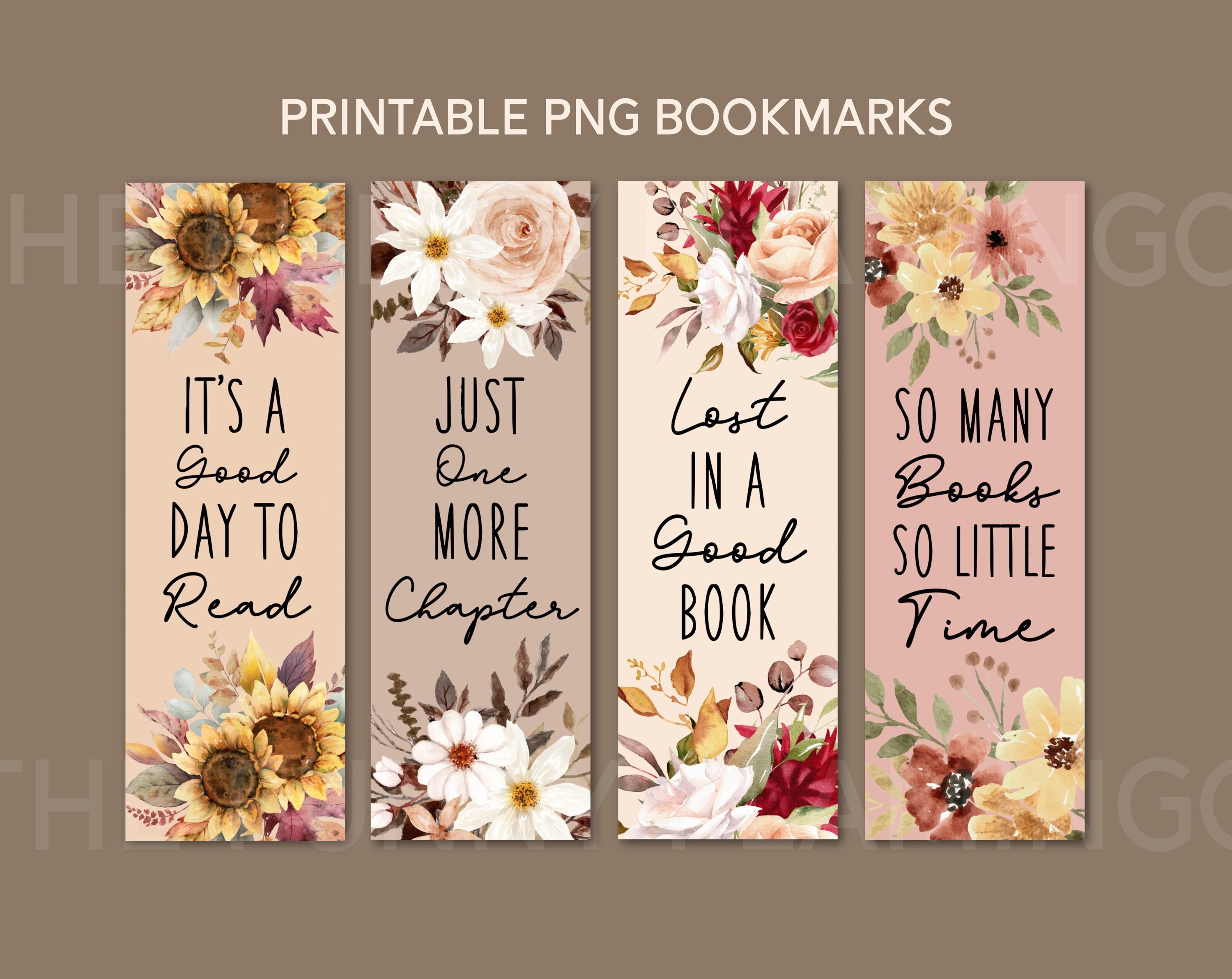 Four Printable Bookmarks Set, Floral PNG Bookmark, Diy Bookmarks ...