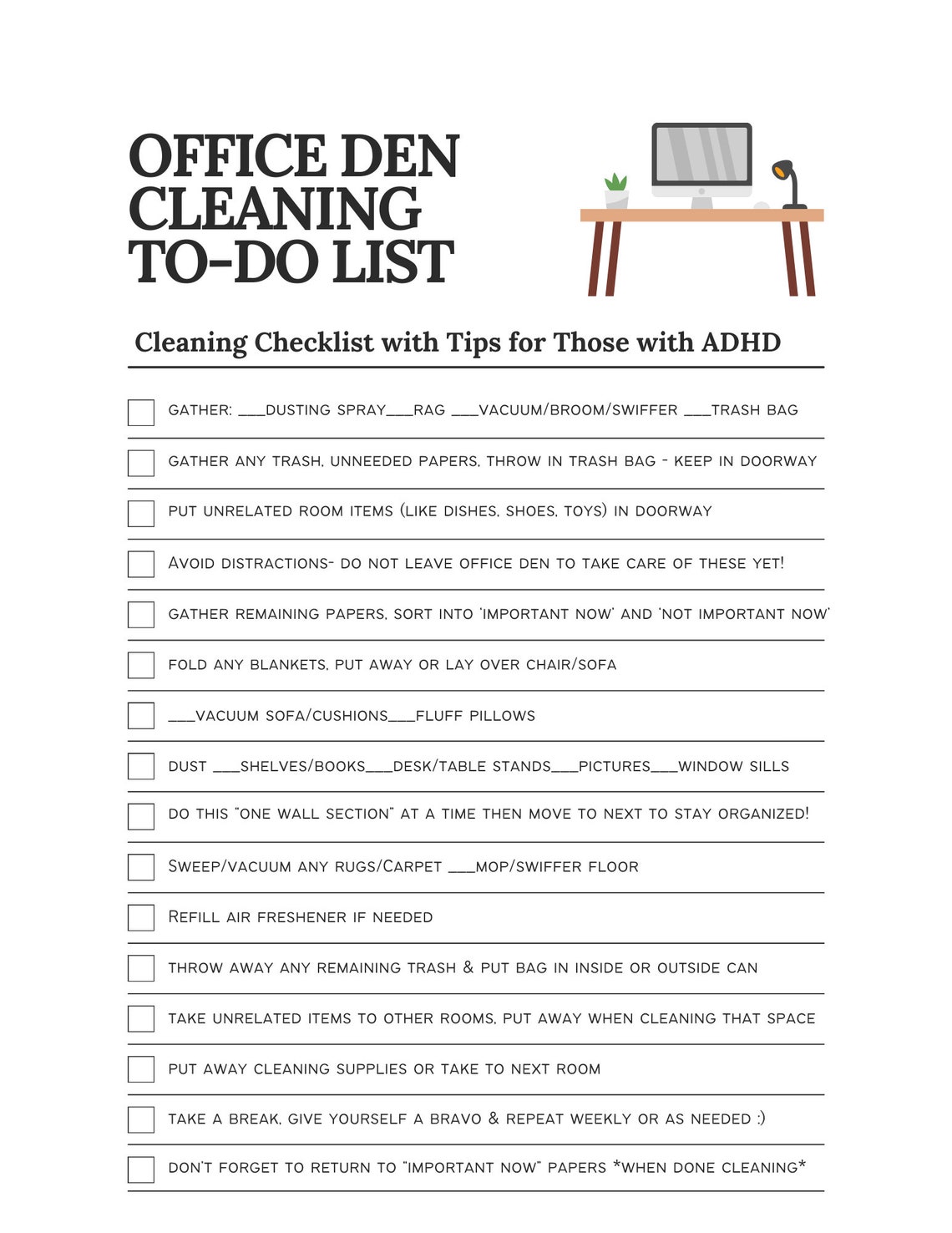 Office Cleaning Checklist Den Cleaning to Do List Study Room Chore Plan ...