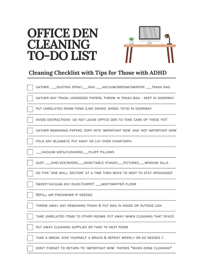Office Cleaning Checklist Den Cleaning to Do List Study Room Chore Plan ...