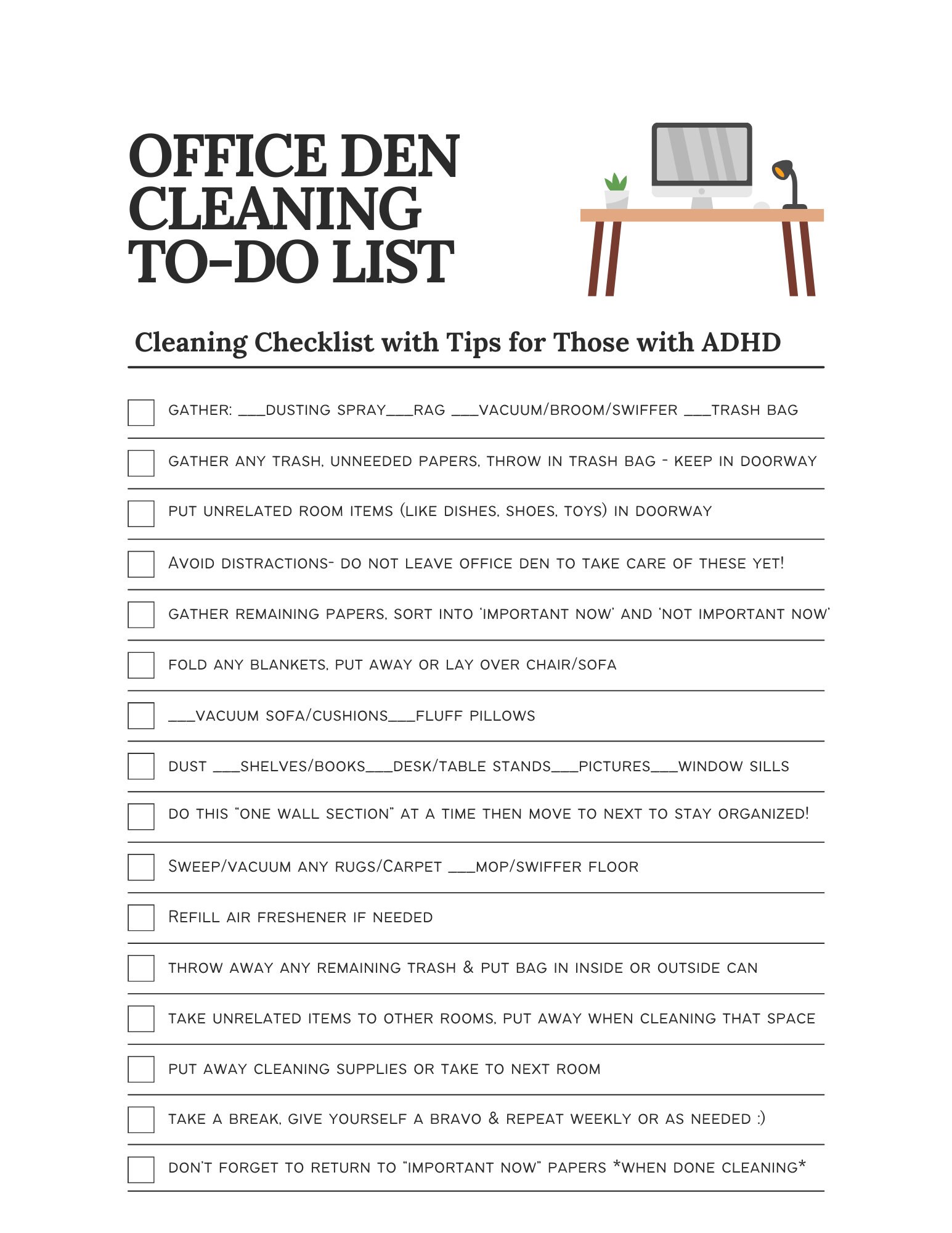 Office Cleaning Checklist Den Cleaning to Do List Study Room Chore Plan ...