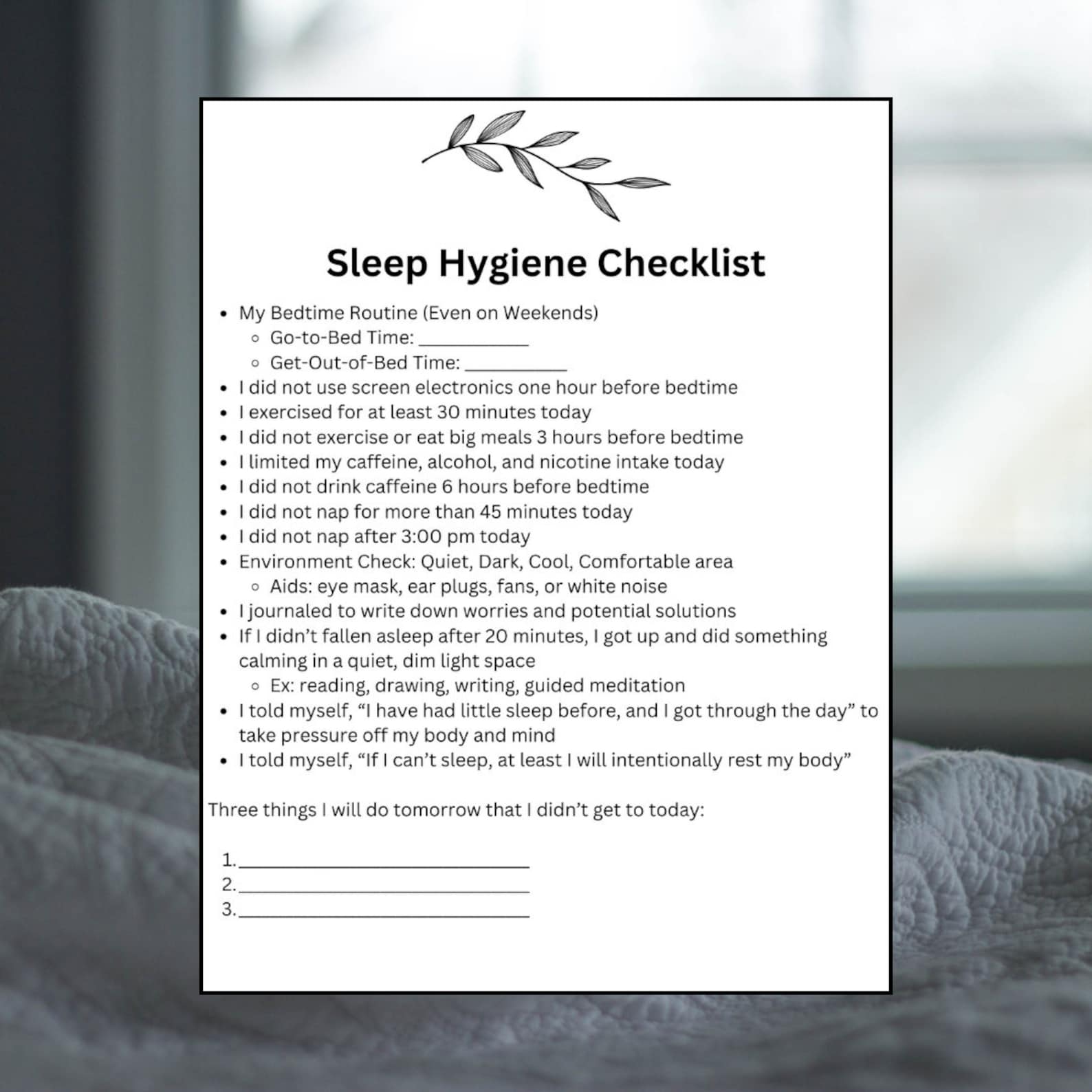 Sleep Hygiene Checklist Insomnia Handout Bedtime Routines Wind Down ...