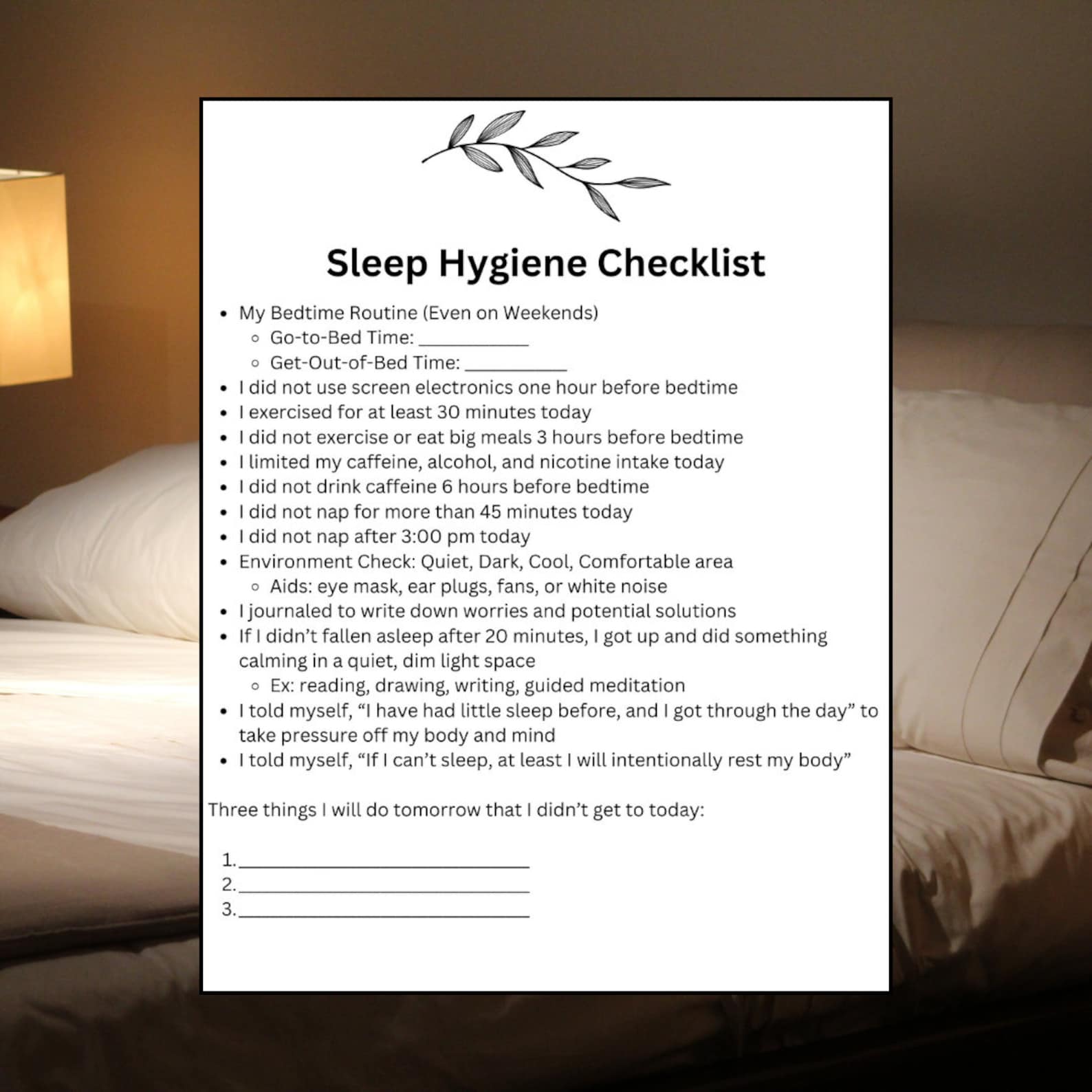 Sleep Hygiene Checklist Insomnia Handout Bedtime Routines Wind Down ...