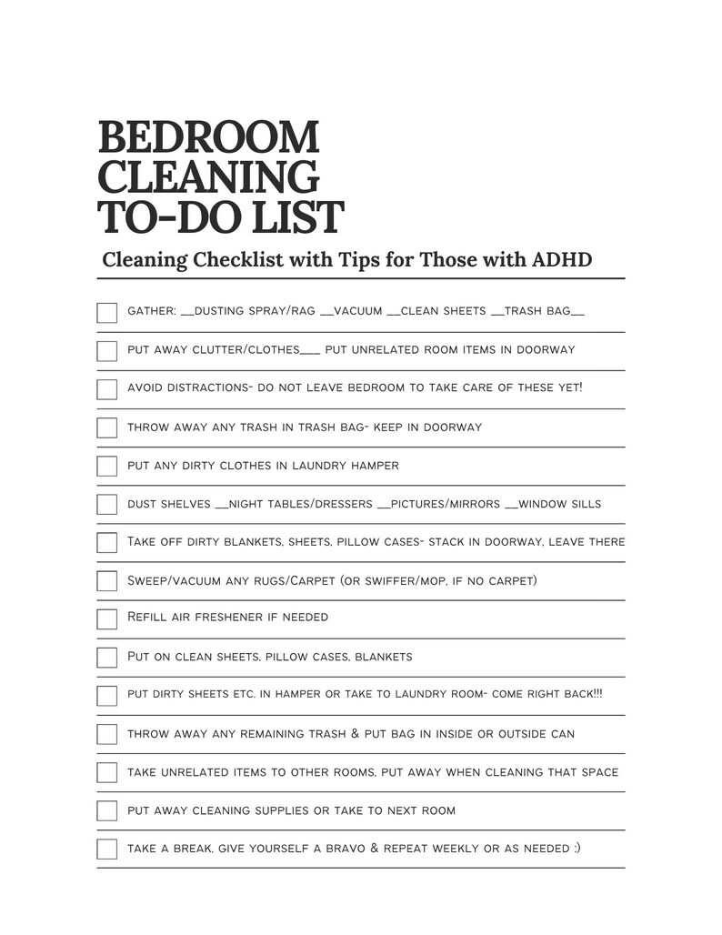 Bedroom Chore Chart Cleaning Bedroom To-do List ADHD Cleaning Planner ...