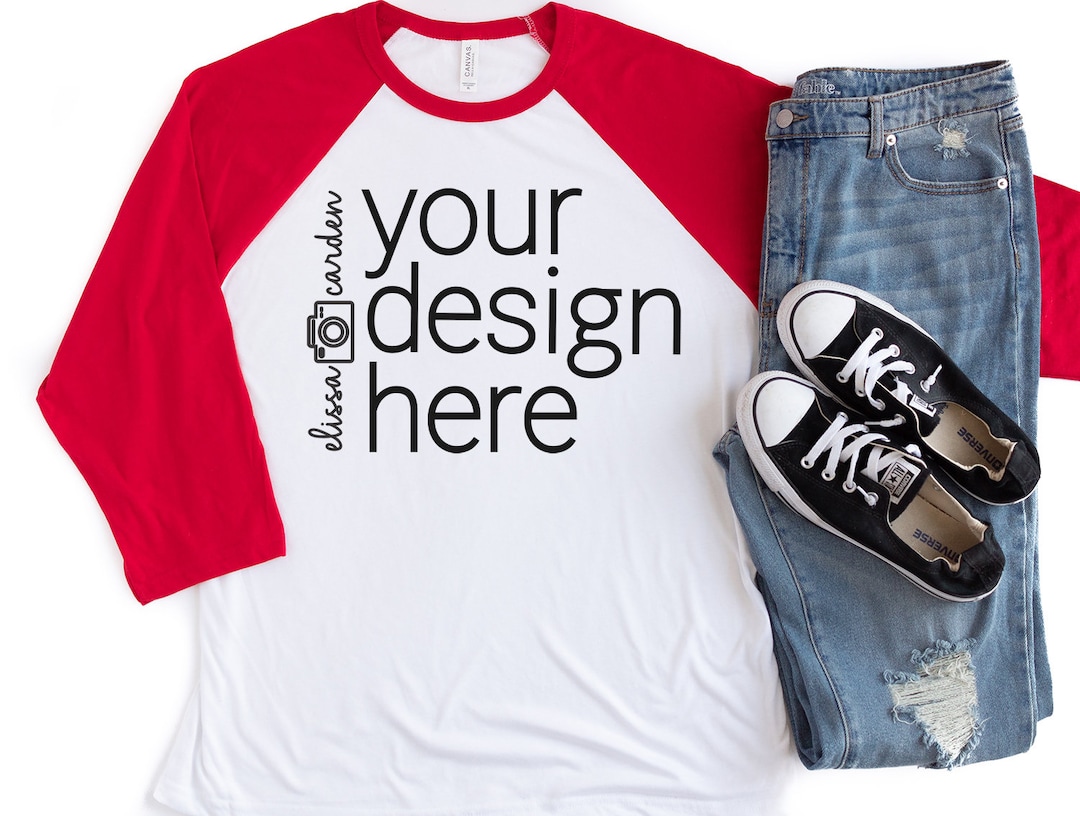 Red Raglan Mockup, Bella Canvas 3200 Shirt Mockup, 3/4 Sleeve Unisex ...