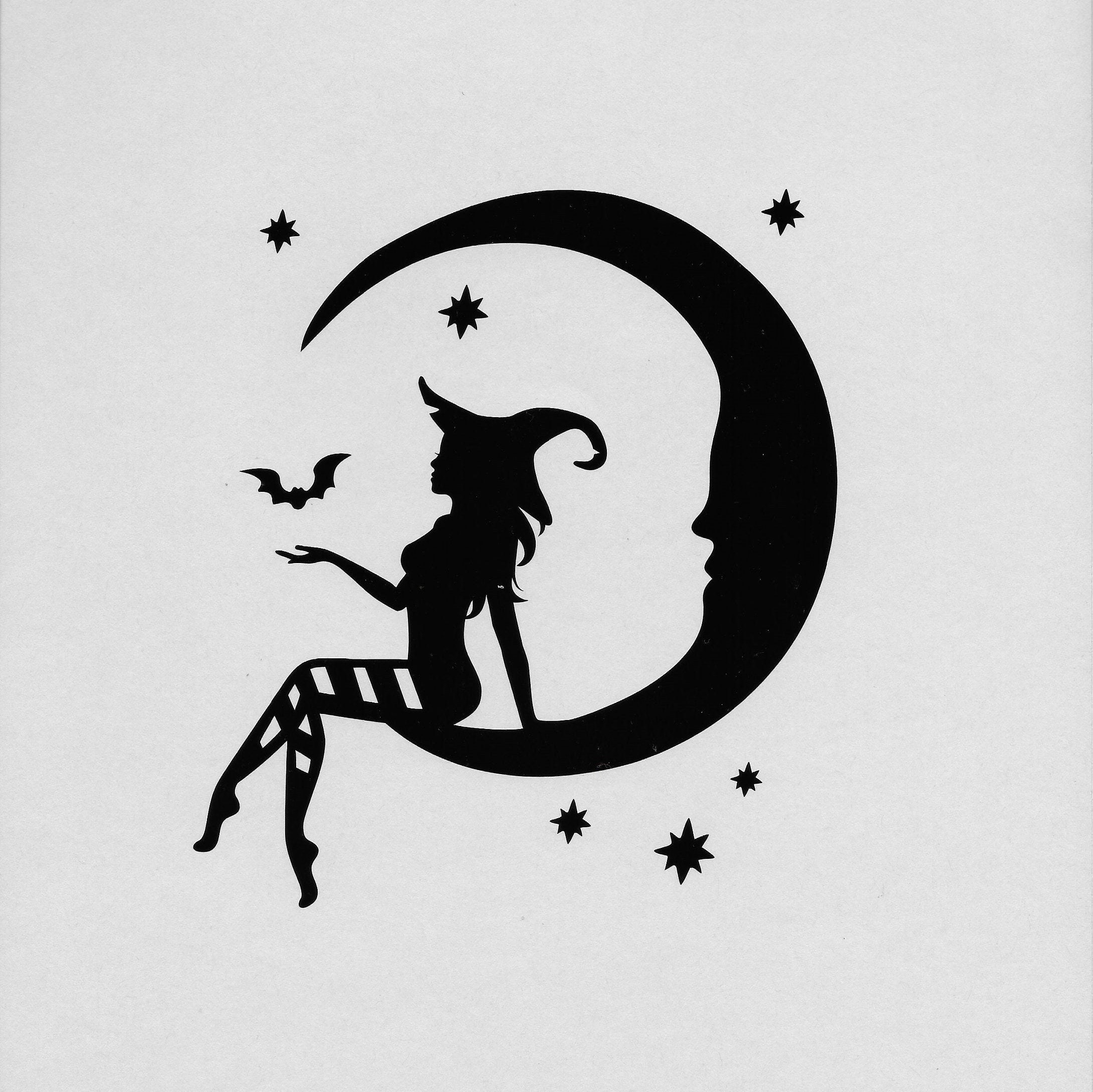 Witch on Crescent Moon Indoor/outdoor Permanent Adhesive Vinyl Decal - Etsy