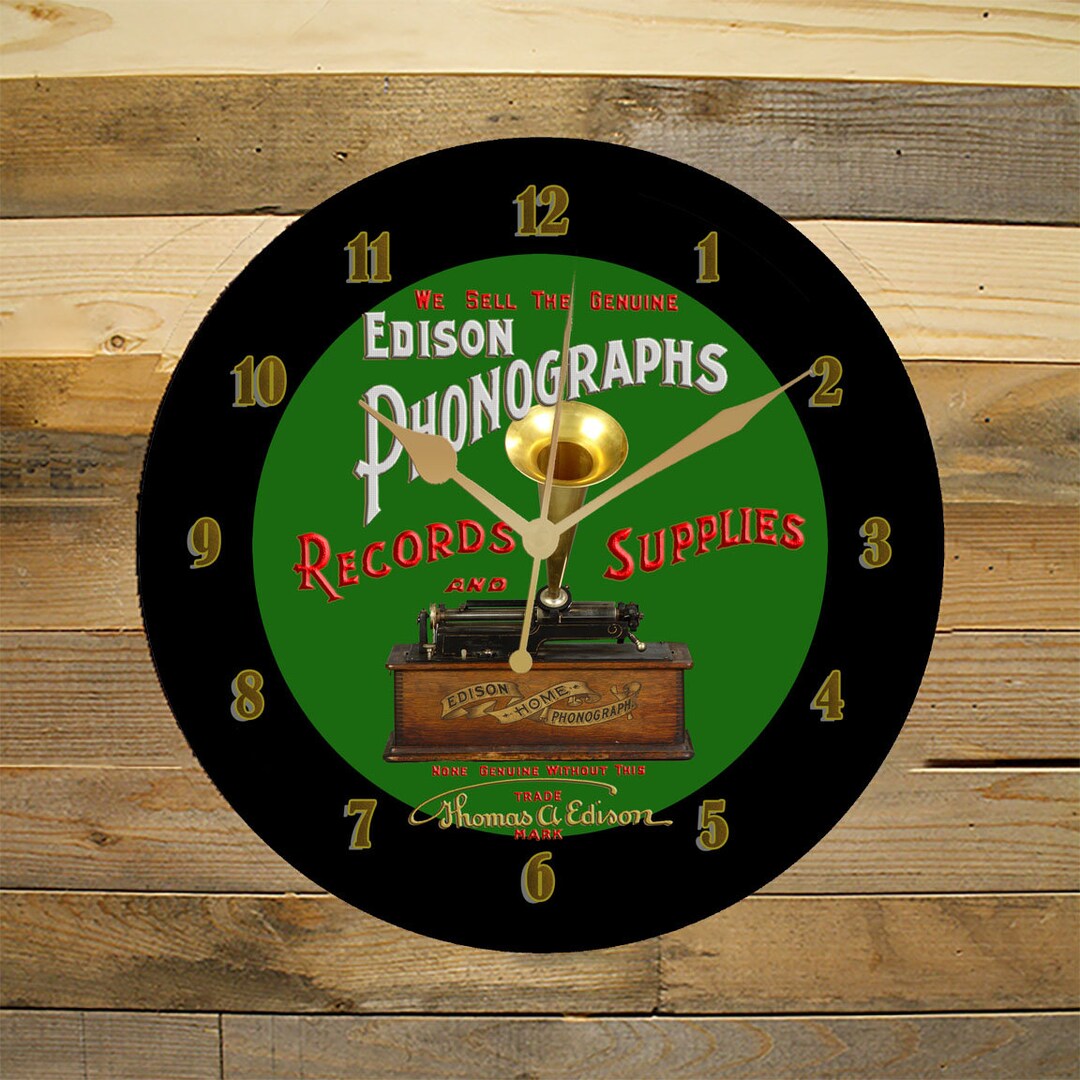 12 Inch Black Glass Replica Retro Wall Clock Classic Edison Phonograph ...