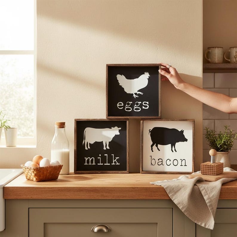 Farmhouse Kitchen Signs Set of 3 | Eggs Milk Bacon Decor | Cow Pig ...