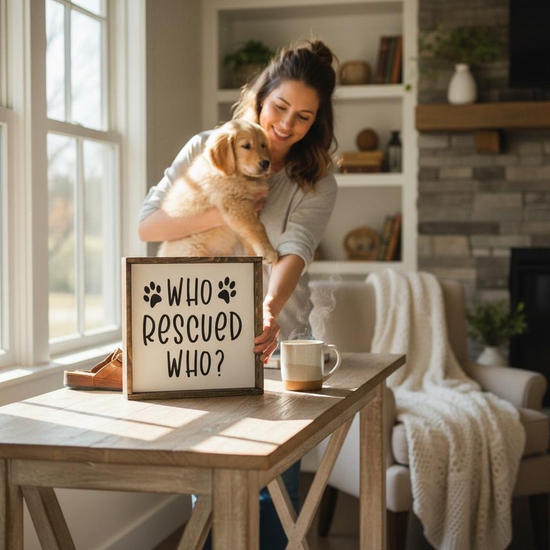Who Rescued Who Dog Sign | Funny Dog Mom Gift | Golden Retriever Puppy ...