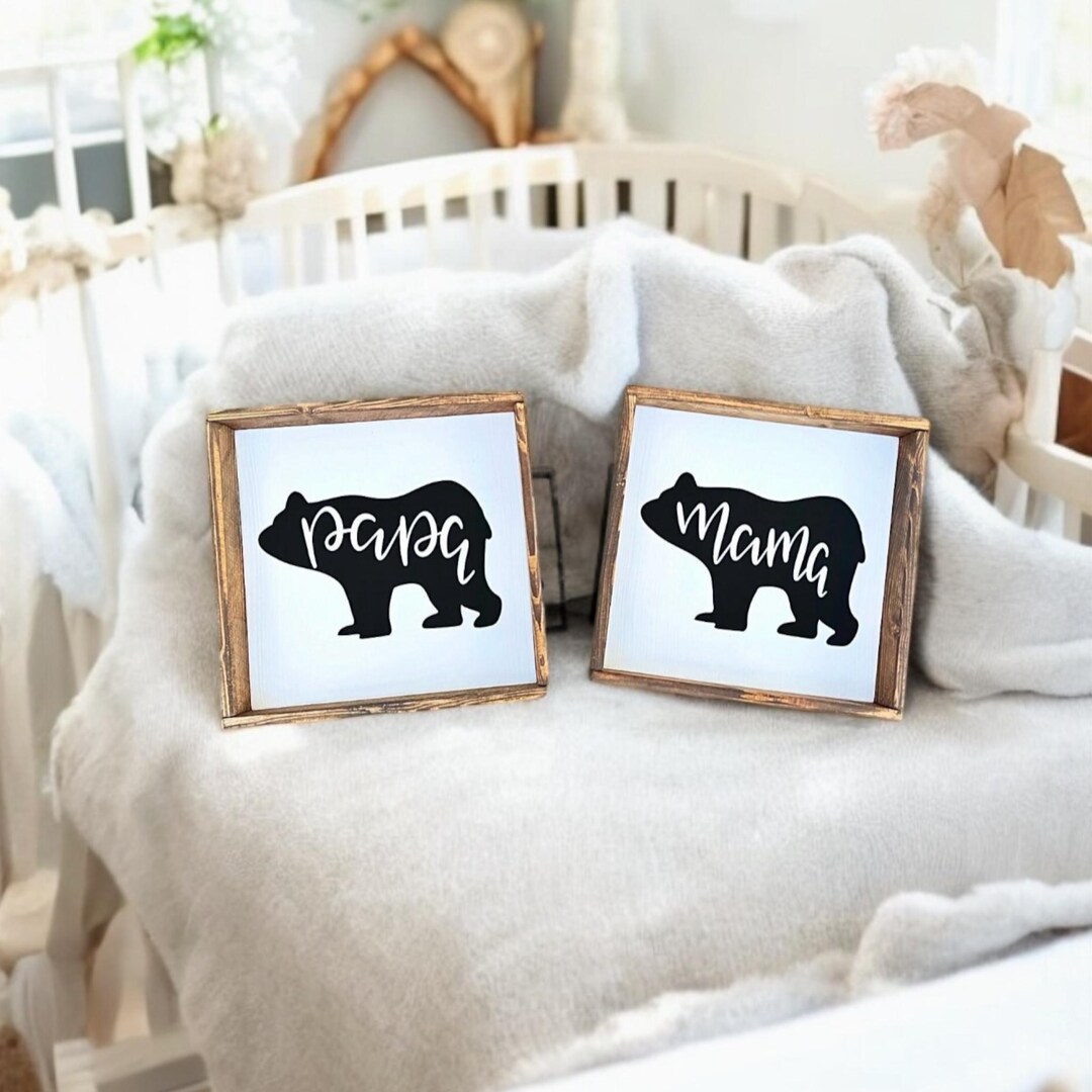 Mama Bear & Papa Bear Sign Set, Bear Silhouette Sign Set, Rustic ...