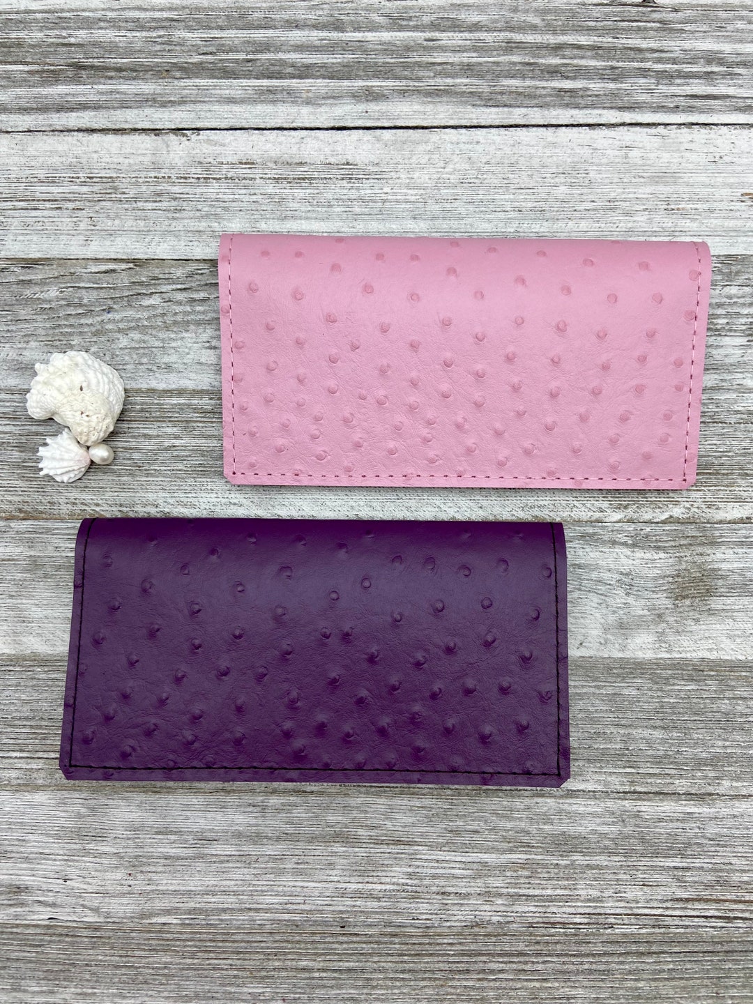 Leather Checkbook Cover, Baby Pink , Dk.purple, Embossed Ostrich Print ...