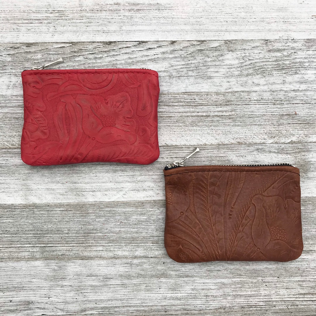 4.8" Floral Medium Leather Zipper Pouch, Medium Credit Card Zipper ...